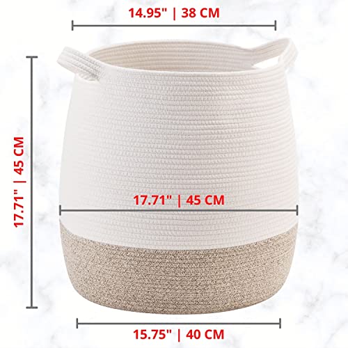 MINTWOOD Design Large 17 x 17 Inches Decorative Woven Cotton Rope Blanket Basket for Living Room, Laundry Basket Hamper, Storage Baskets with Handles for Toys, Throws, Pillows, Towels, Shoes, Brown