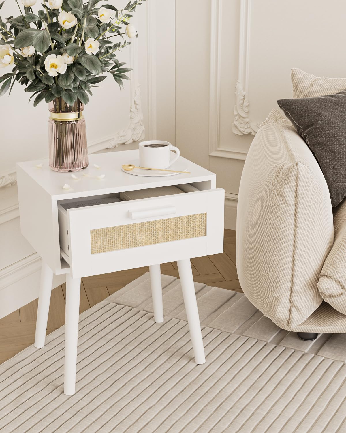 Aobafuir Bedroom Nightstands Wooden Night Stands with Rattan Weaving Drawer Home Bedside End Table for Bedroom Storage, White