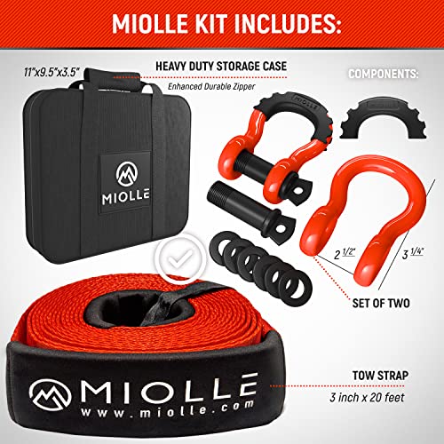 Miolle Tow Strap 3βx20β- 33400lbs MBS (Lab Tested) Recovery Strap Kit Includes: Tow Rope, 2 D-Ring Shackles MBS-41800LBS, Storage Case