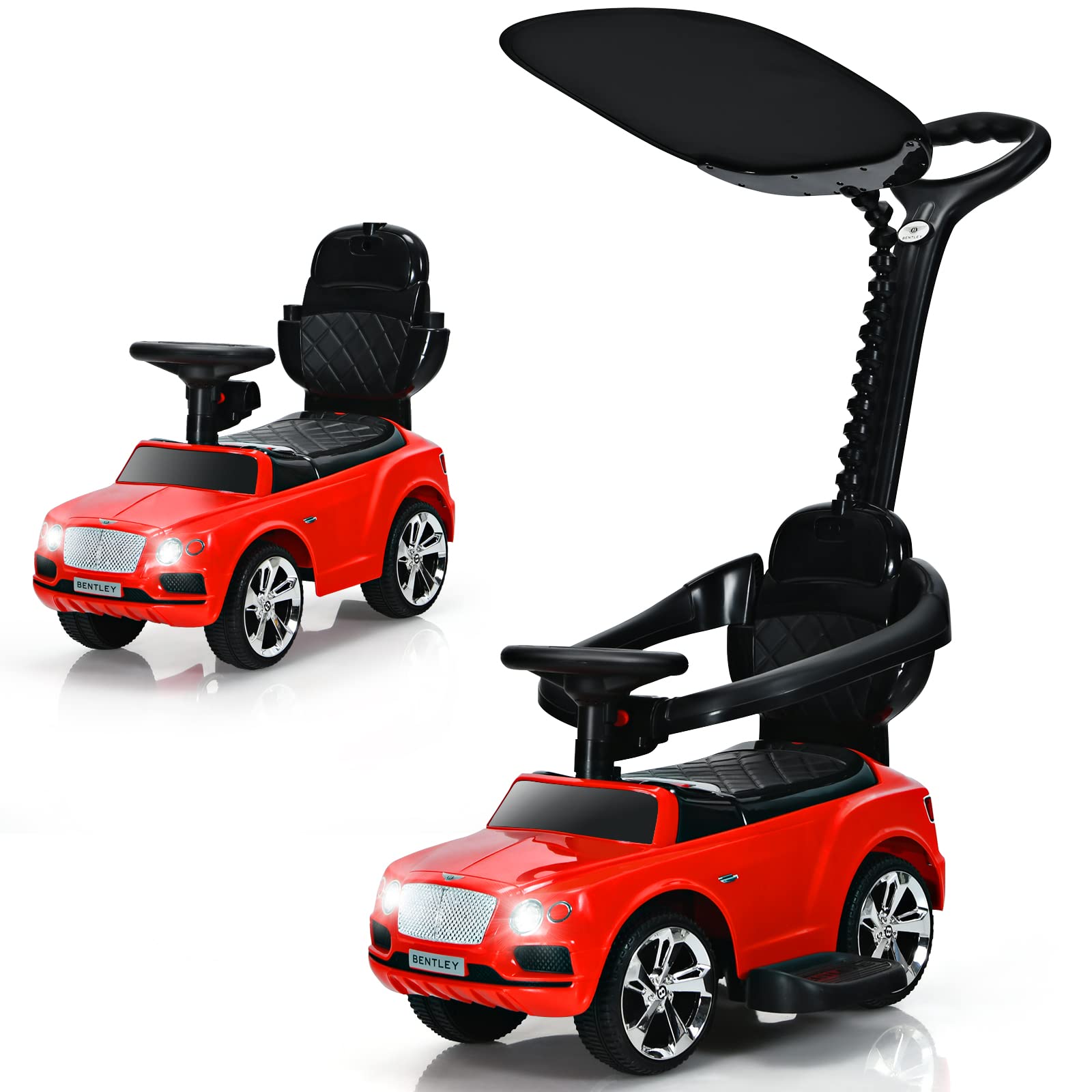 Costzon Push Cars for Toddlers, 3 in 1 Bentley Stroller Sliding Walking Car w/Canopy, Handle, Safety Bar, Cup Holder, Music, Underneath Storage, Foot-to-Floor Ride On Toy for Boys & Girls, Red