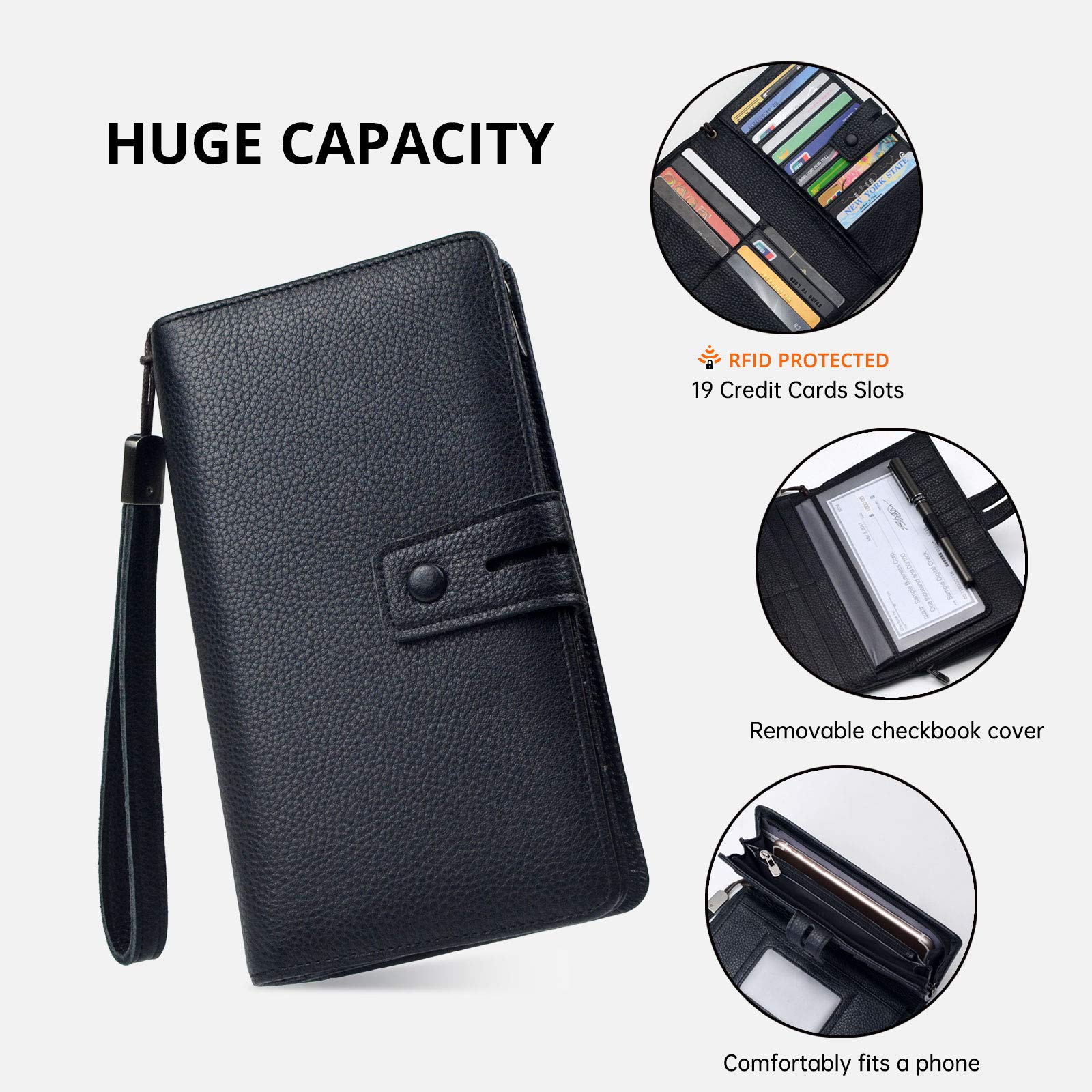 Bveyzi Women's Big Fat Rfid Leather Wristlet Wallet Organizer Large Phone Checkbook Holder with Zipper Pocket (Dark Green)