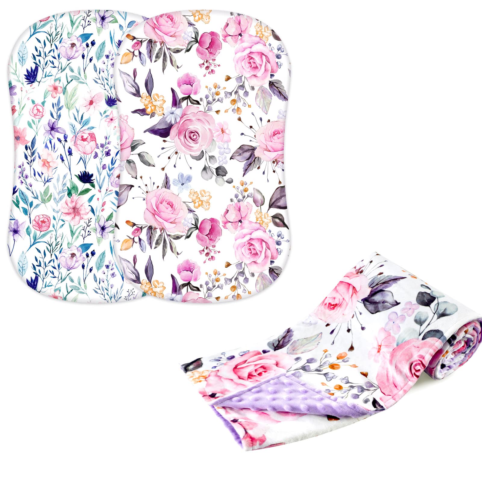 Baby Blanket and Bassinet Sheet Set for Baby Girls, Super Soft Floral Minky Fabric Dotted Backing and Universal Fit