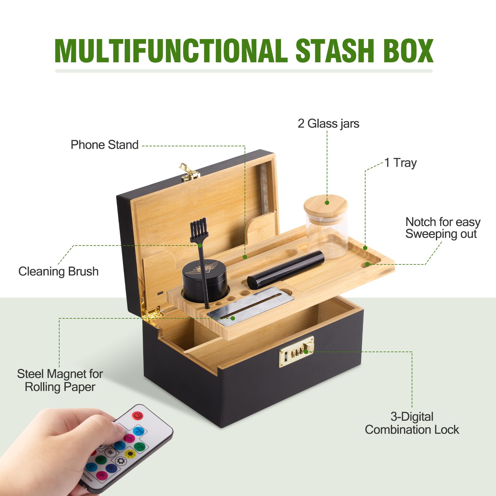 IEVEY Stash Box with Rolling Tray & Neon, Smell Proof Large Bamboo Storage Box with Lock, Decorative Box Set Includes Glass Jars & Grinder & Brush, Great Gift for Men Women(Black)
