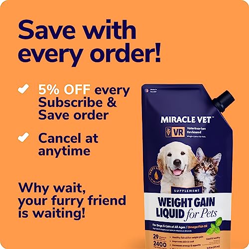 MIRACLE VET High Calorie Weight Gainer for Dogs & Cats 4-in-1 - Mass, Recovery, Appetite Stimulant - Vet-Reviewed - 2,400 kcal - 16 oz