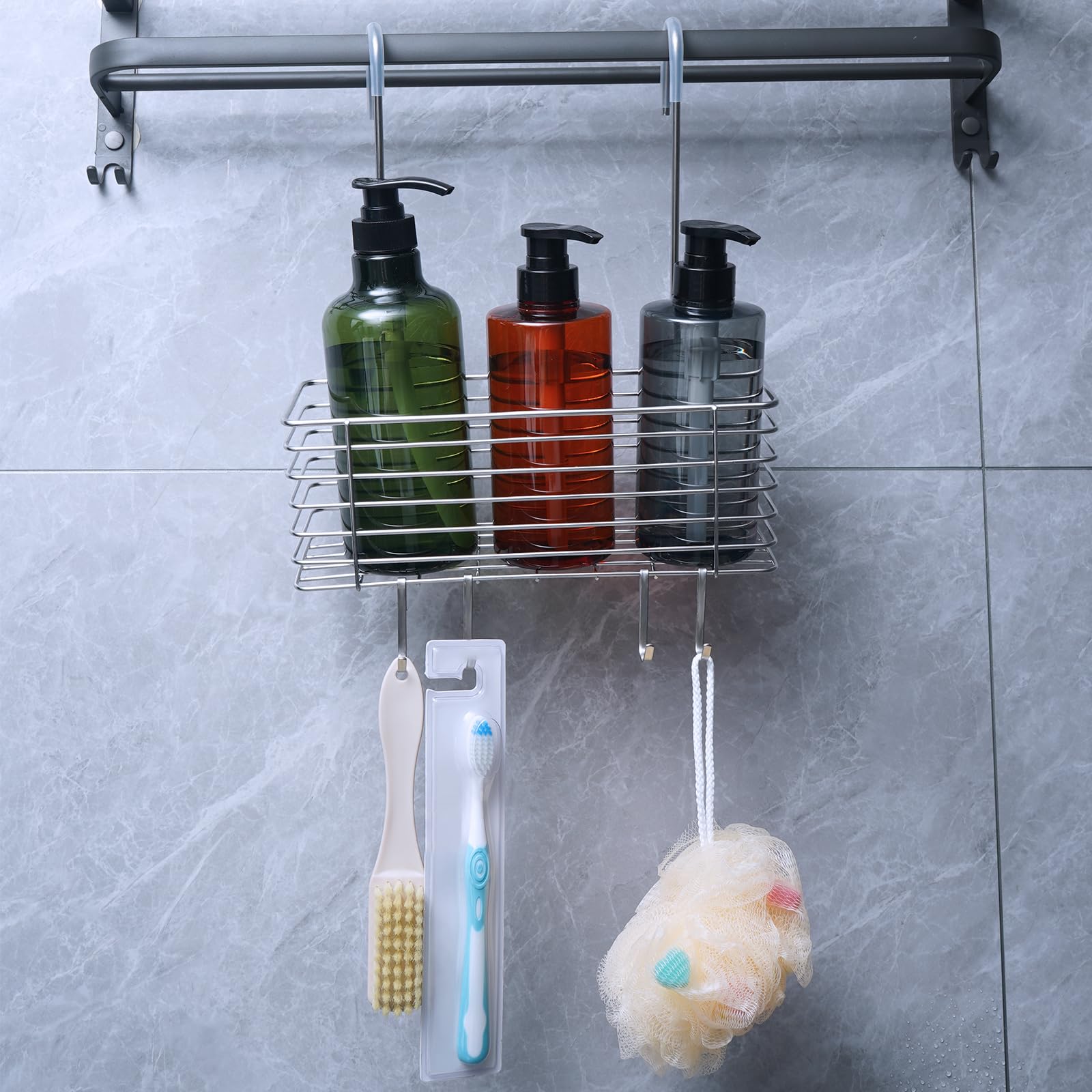 Antrader Hanging Shower Rack,Shower Caddy Hanging,Hung on the Faucet or the Door,the Back Hook Can be Rotated,No Drilling,304 Stainless Steel,Single Layer Shelf