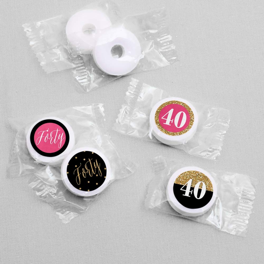 Big Dot of Happiness Chic 40th Birthday - Pink, Black and Gold Round Candy Sticker Favors – Labels Fit Chocolate (1 Sheet 108)