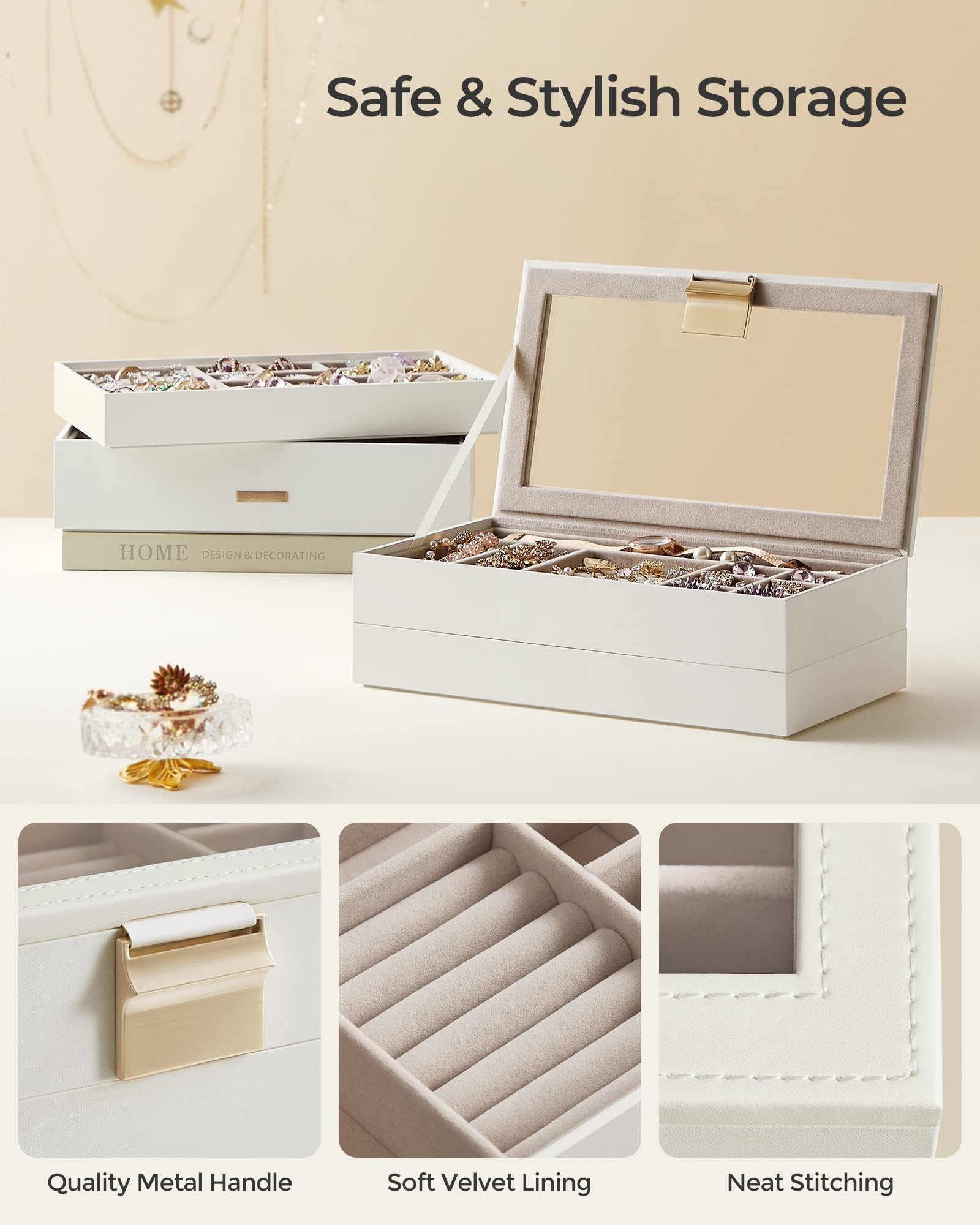 SONGMICS Stackable Jewelry Trays, 4-Tier Jewelry Box, Drawer Jewelry Organizer, with Glass Lid, Removable Dividers, for Vanity Table, 6.7 x 11 x 7.2 Inches, Christmas Gift, Cloud White UJBC164W01