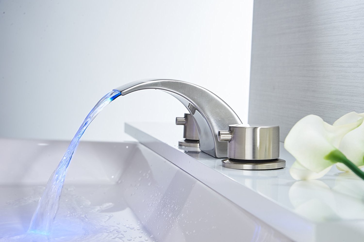 Bathfinesse 8-16 Inch LED Light Faucet Widespread Bathroom Sink Faucet Waterfall Vanity with 3-Color Changing 3 Holes with 2-Handles T Commercial Brushed Nickel Deck Mount Lavatory Faucets