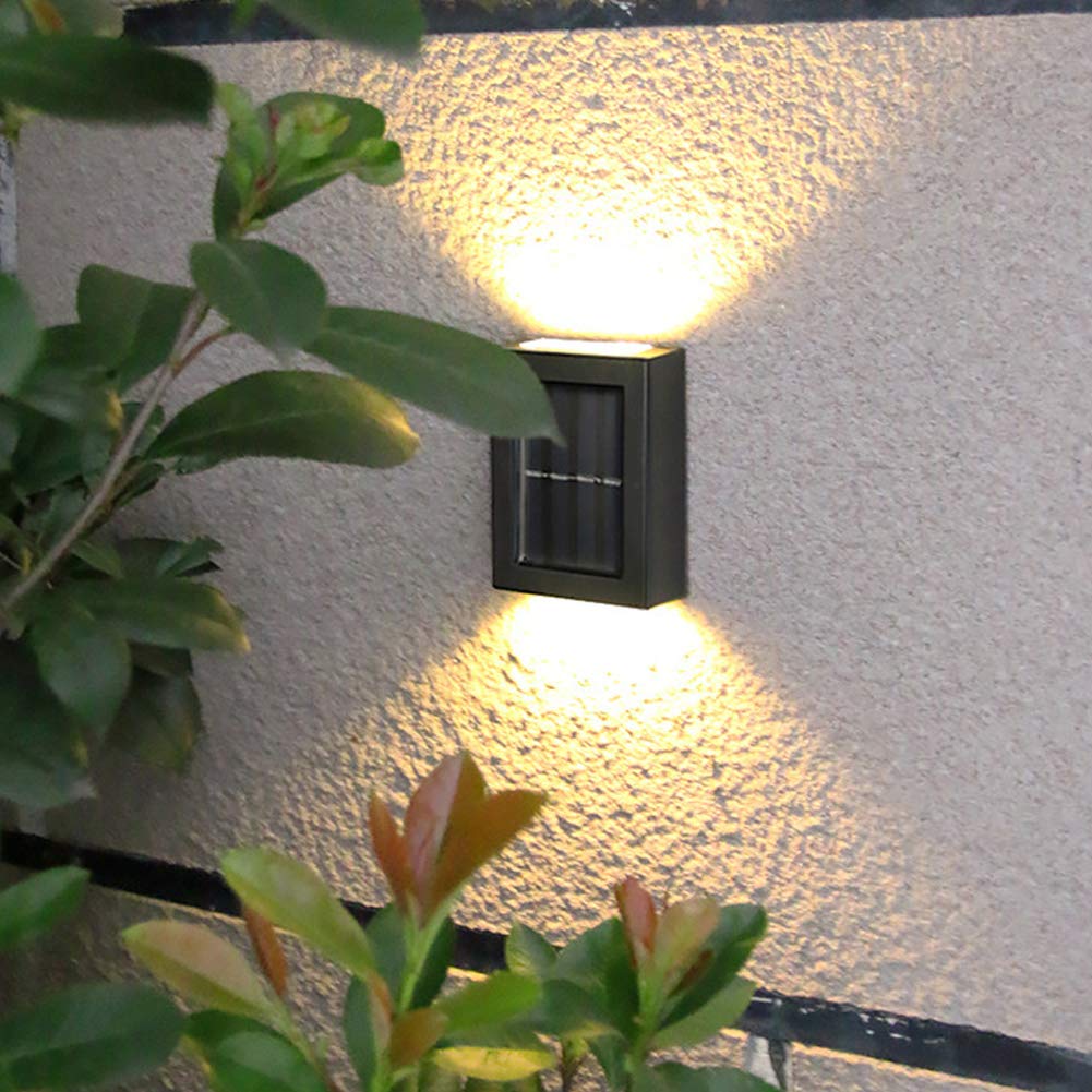 BWWNBY 2 LED Solar Wall Light UP and Down Illuminate Outdoor Sunlight Sensor Lamp Modern Nordic Style Decor for Home Garden Porch(Warm Light)
