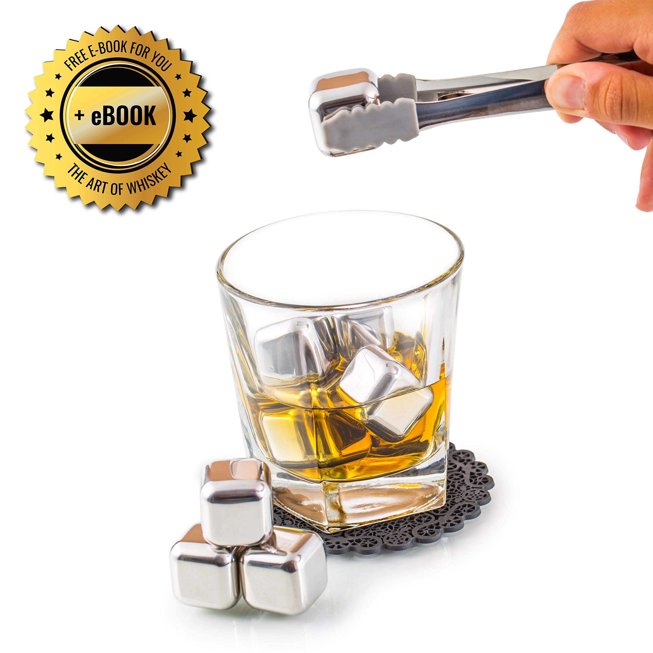 πππ¦π§ ππππ§: Exclusive Whiskey Stones Gift Set - High Cooling Technology - Reusable Ice Cubes - Stainless Steel Whisky Rocks - Whiskey Gifts for Men - Regalos para Hombre - Coasters + Ice Tongs