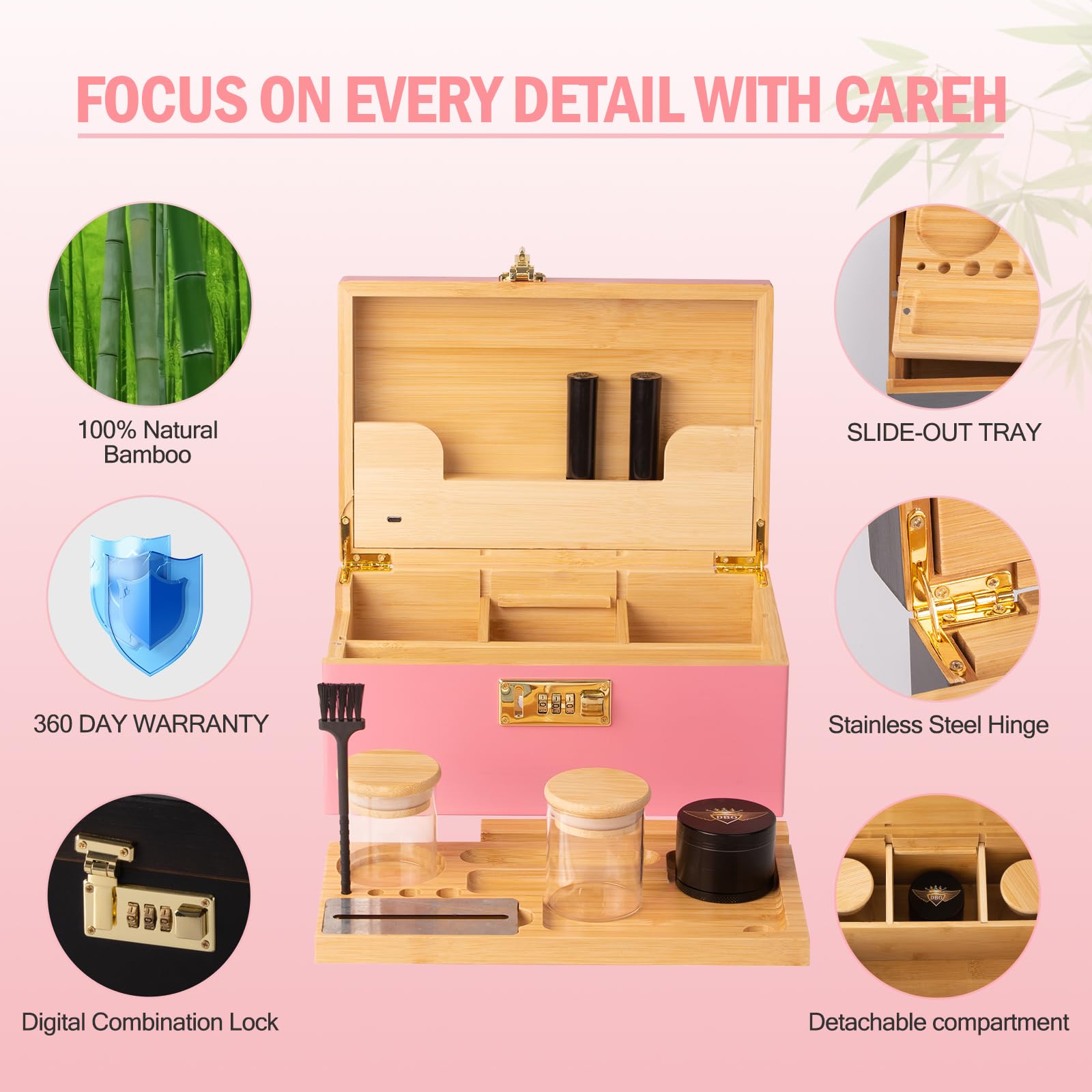 IEVEY Stash Box with Rolling Tray & Neon, Smell Proof Large Bamboo Storage Box with Lock, Decorative Box Set Includes Glass Jars & Grinder & Brush, Great Gift for Men Women(Pink)