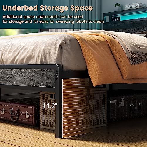 Homieasy Queen Size Bed Frame with Charging Station and Led Lights, Industrial Metal Platform Bed with Storage Headboard, Steel Slat Support, No Box Spring Needed, Noise-Free, Easy Assembly, Black Oak