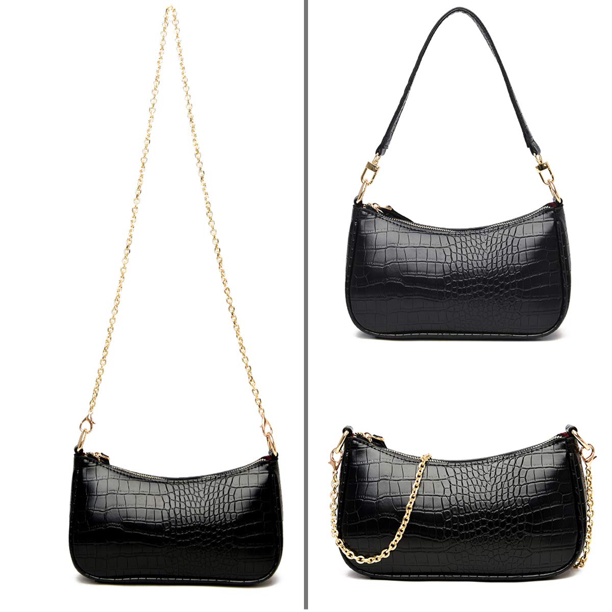 DOREAMALOE Retro Crocodile Purse Classic Clutch Shoulder Tote HandBag with Zipper Closure for Women (White-Pearl Chain)
