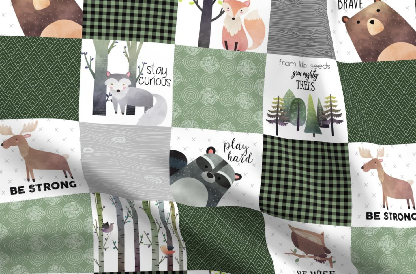 Spoonflower Fabric - Woodland Animals Forest Cheater Quilt Bear Fox Moose Wholecloth Green Printed on Minky Fabric by The Yard - Sewing Baby Blankets Quilt Backing Plush