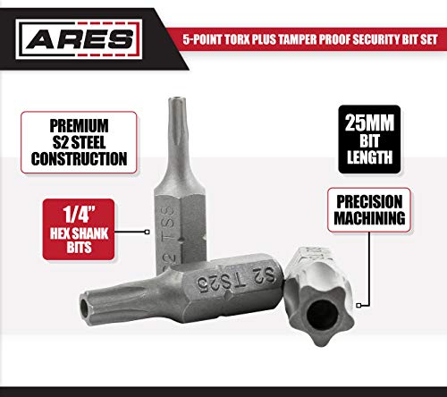ARES 31004-10-Piece 5-Point Torx Plus Tamper Proof Security Bit Set - 25mm Length S2 Steel Precision Machined Security Bits - Storage Rail Included