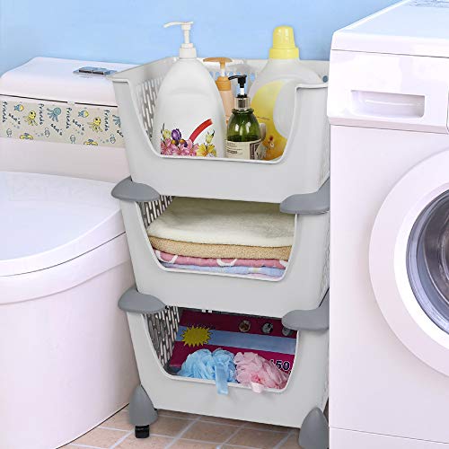 Hommp Gray Plastic Stacking Storage Organizer Basket with Wheels, Multi-function Stackable 3-Tier Storage Basket