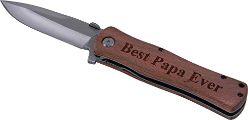 Best Papa Ever Folding Stainless Steel Pocket Knife, (Wood Handle