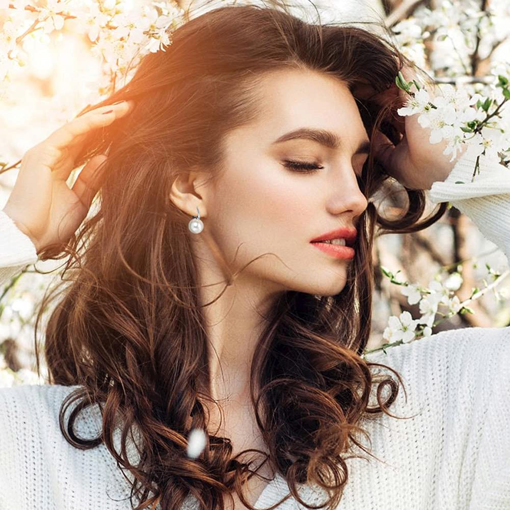 925 Sterling Silver Pearl Earrings for Women Dangle Pearl Drop Earrings Huggie Gifts for Mother Her (Silver)