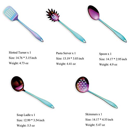 HOMQUEN Stainless Steel Kitchen Utensil Set - 5 Cooking Utensils, Rainbow Color Nonstick Kitchen Utensils Set, Colorful Titanium Plated Set Kitchen Tools Gadgets