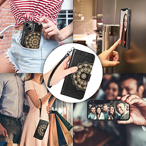 CASEOWL Compatible for iPhone 13 Wallet Case Magnetic Detachable-2 in 1 Mandala Embossed Flip Leather Wallet Case for Women Girls [RFID Blocking]with Card Holder, Hand Strap for iPhone 13 2021(Black)
