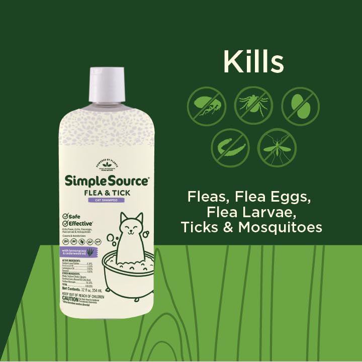 SimpleSourceĀ® Flea & Tick Shampoo for Cats, Powered by Plants, Kills Fleas, Flea Eggs, Flea Larvae, Ticks, & Mosquitos, Cleans & Deodorizes, 12oz Bottle