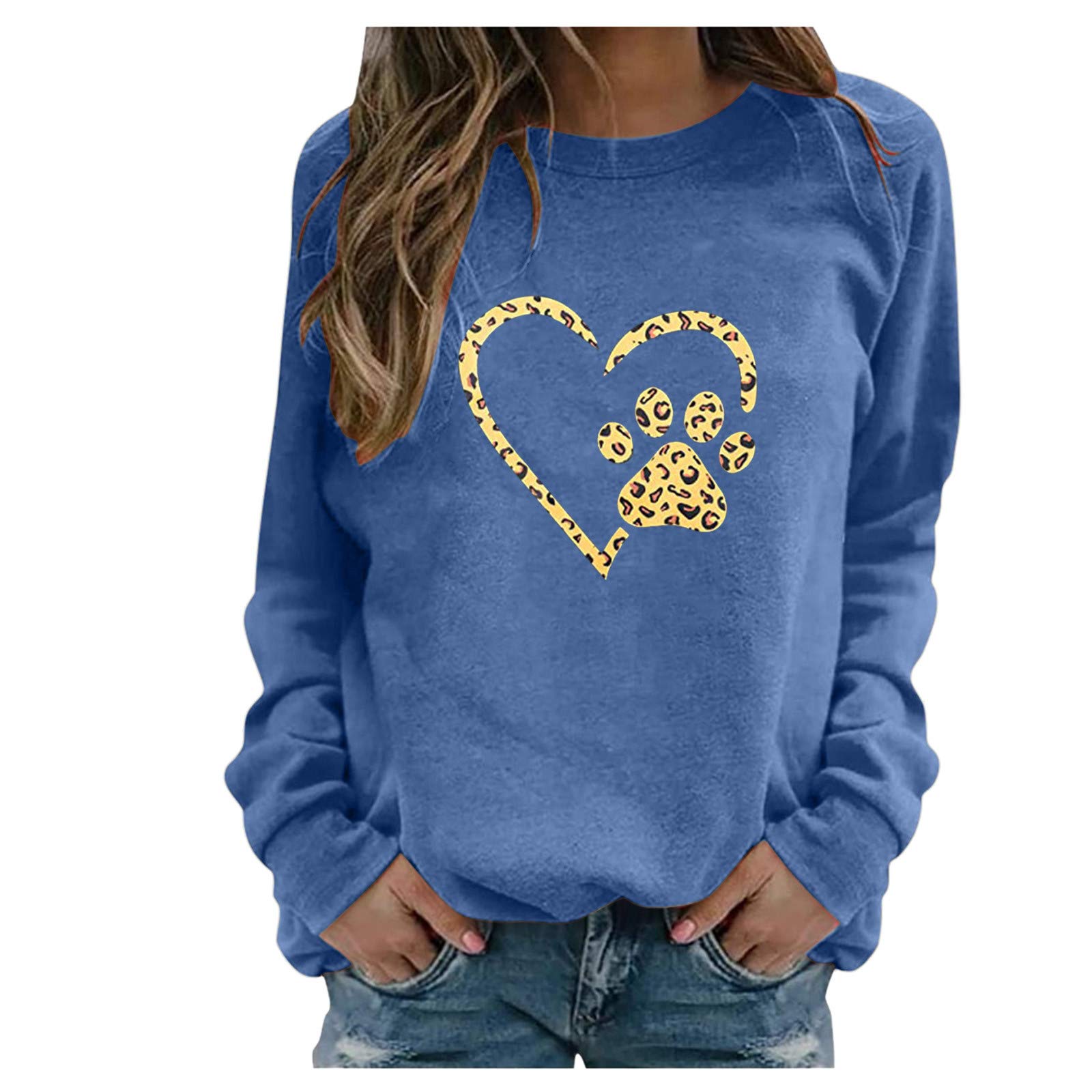Dosoop Womens Dog Paw Print Heart Graphic Shirts Long Sleeve Dog Mom Tunic Tops Casual Sweatshirts Blouse Pullover