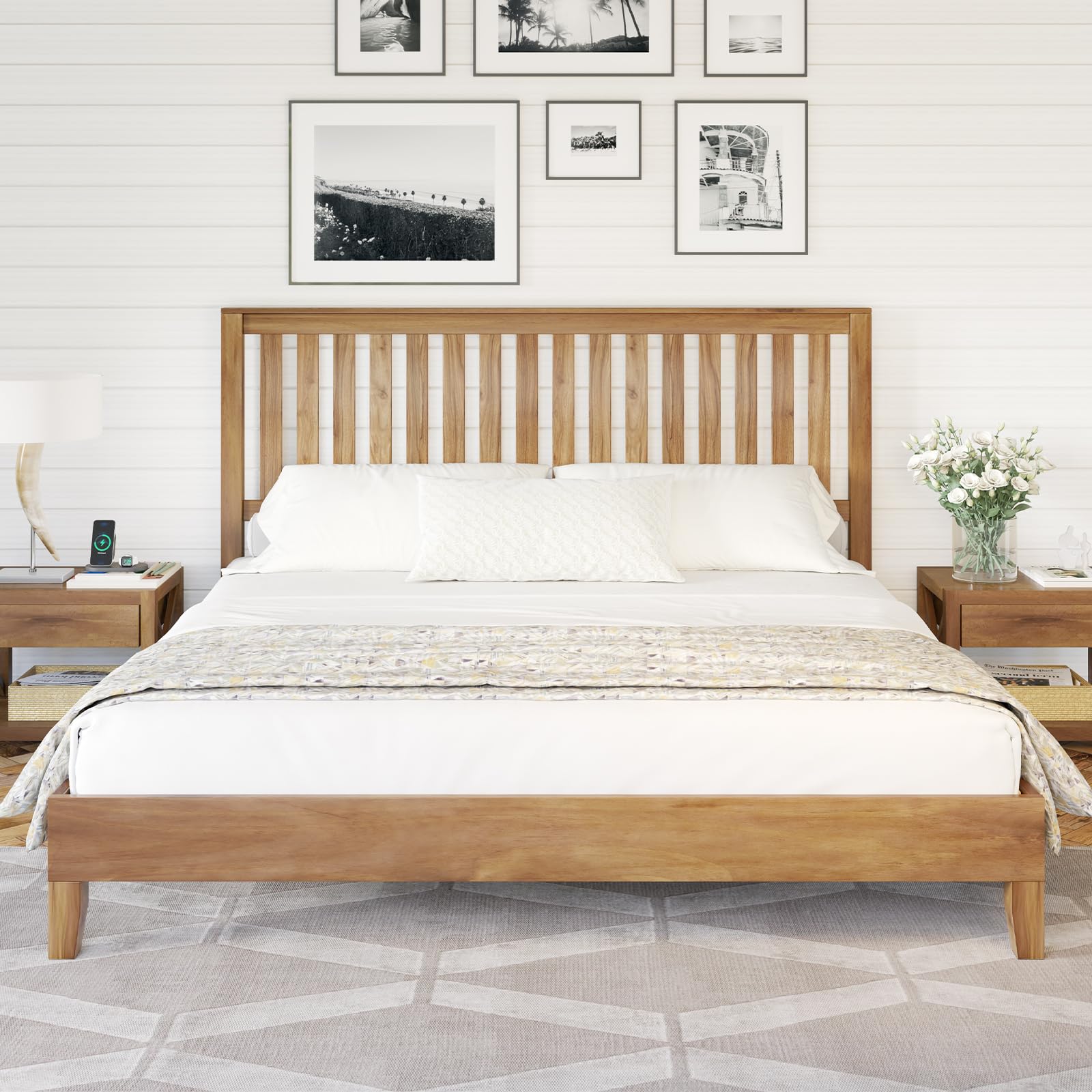 AMERLIFE King Size Solid Wood Bed Frame, Mid-Century Wooden Platform Bed with Grille Headboard, Wood Slat System/No Box Spring Needed/Noise Free, Natural