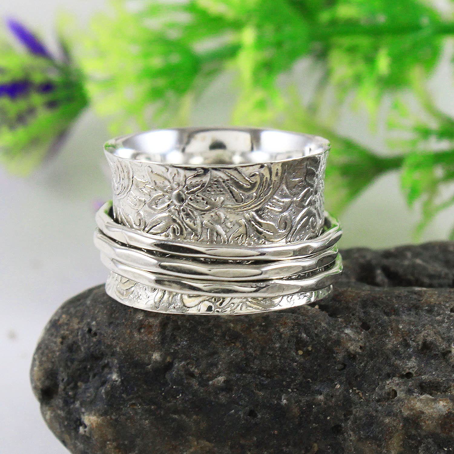 925 Sterling Silver Ring, Spinner Ring , Fidget Ring , Beutyfull Texture Ring , (9.5)