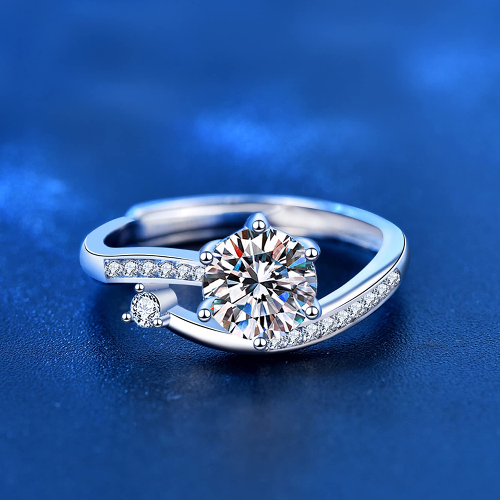 925 Sterling Silver Rings for Women, 1ct Moissanite Rhinestones Open Adjustable Engagement Ring, Rings with GRA Certificate (1 Carat)