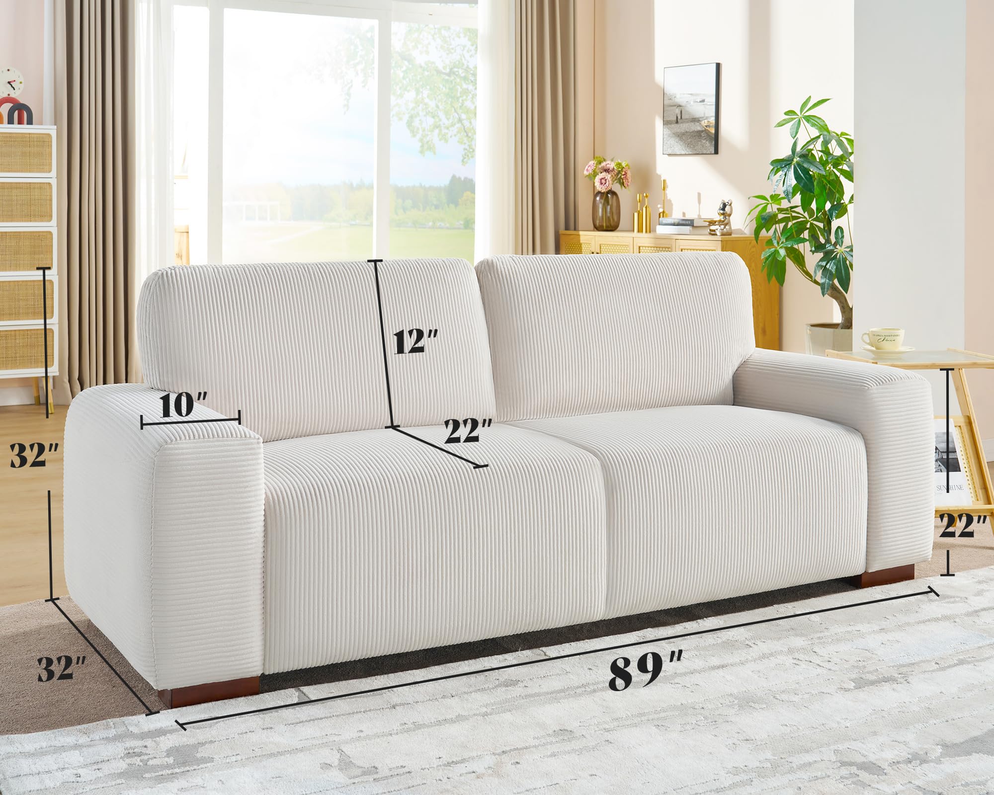 AMERLIFE Sofa, 89 inch Oversized Couch with Thick Armrest, Comfy Sofa Couch for Living Room-3 Seater Sofa in White Corduroy