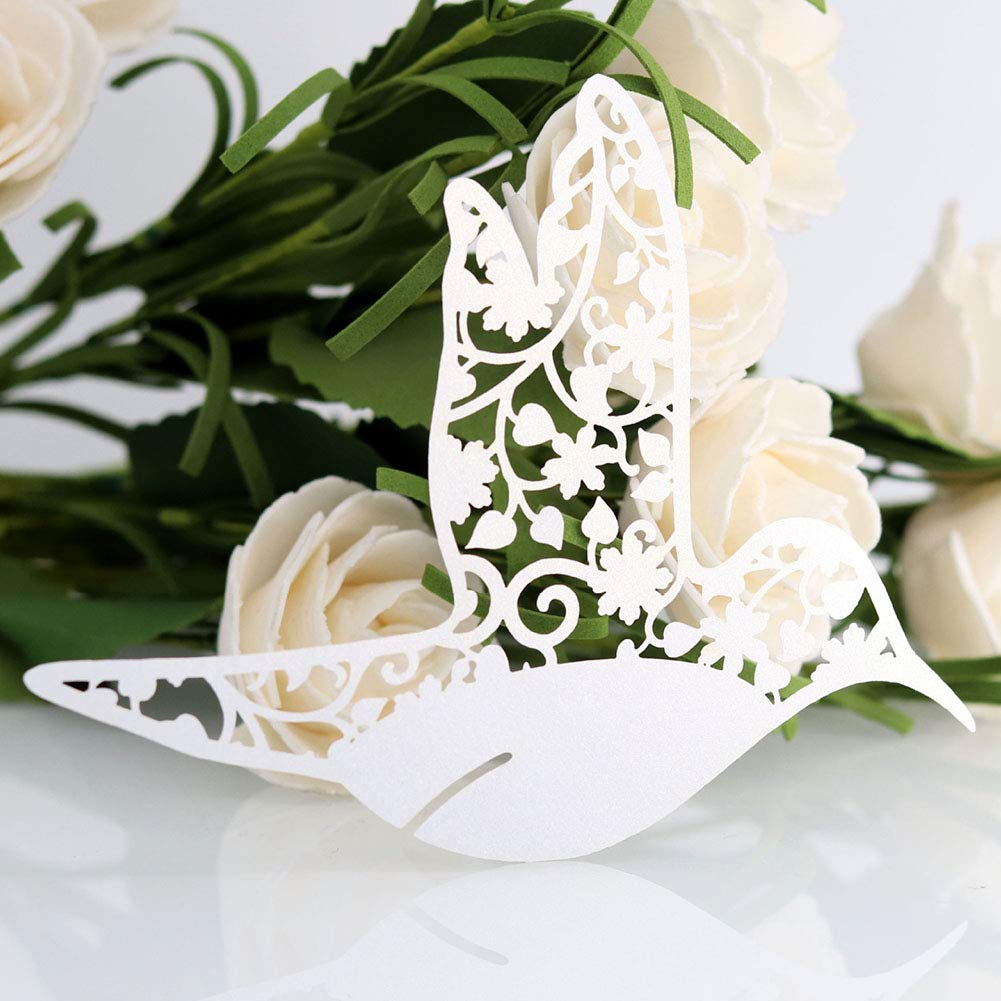 GOTOTOP 50Pcs Bird Shape Wedding Hollow Cup Card Name Place Cards Personalized Table Name Reception Decor Wedding Guest Cards for Wine Glass Banquets Table Decoration White