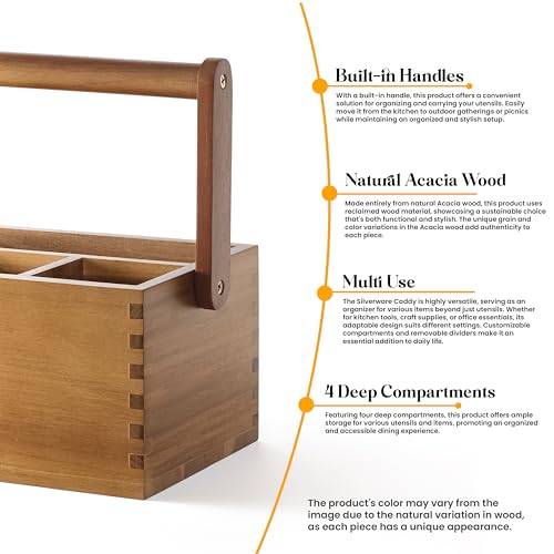 Acacia Wood Silverware Caddy with Handle - Wooden Utensil Holder for Condiment and Party Essential - Flatware Holder for Kitchen, Office, Bathroom, Bedroom - Ideal for Parties, Picnics, Countertops