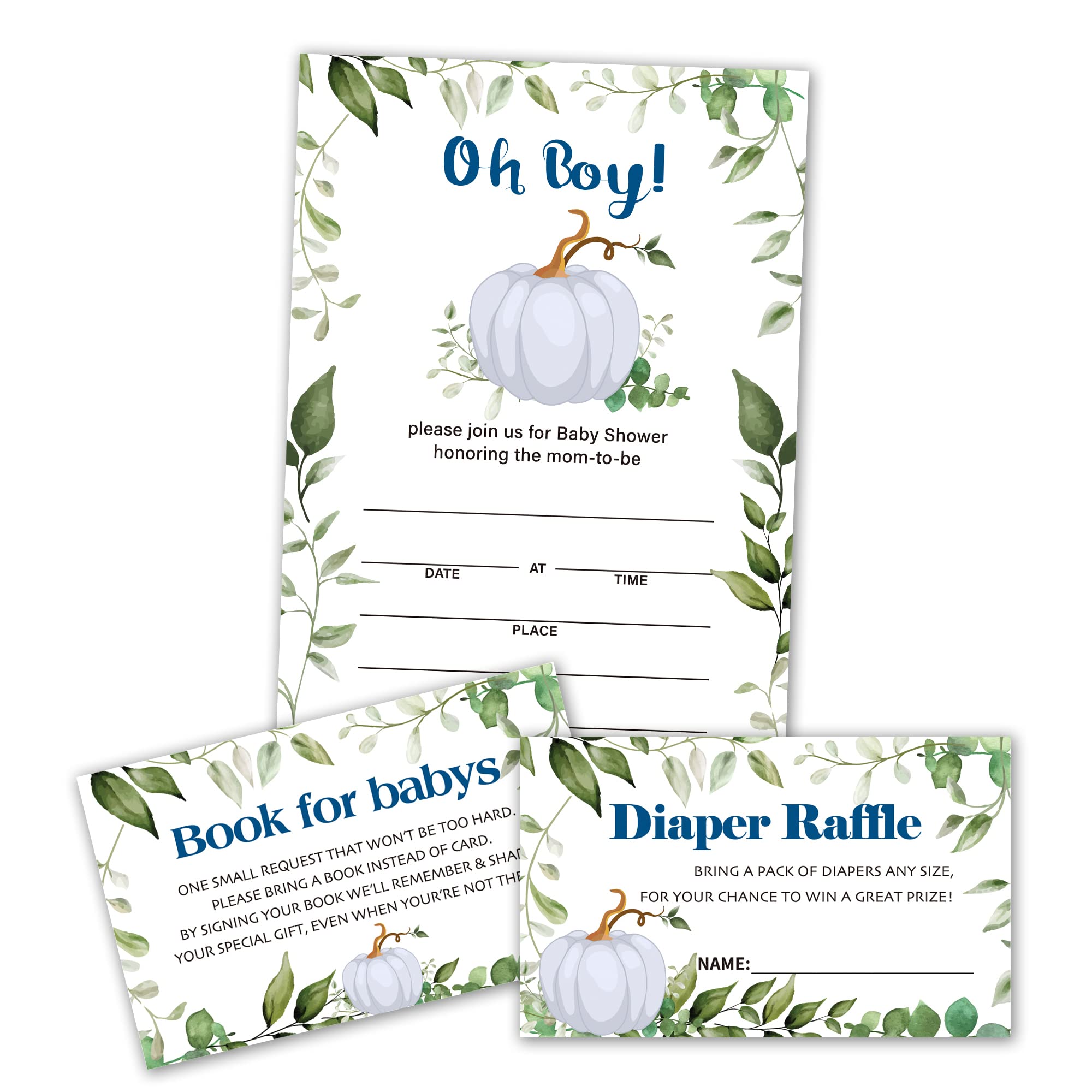 Autumn White Pumpkin Greenery Baby Shower Set, Diaper Raffle Cards, Books, Invitations With Envelopes, Set of 100 Pieces With Envelopes,BBTZK-004