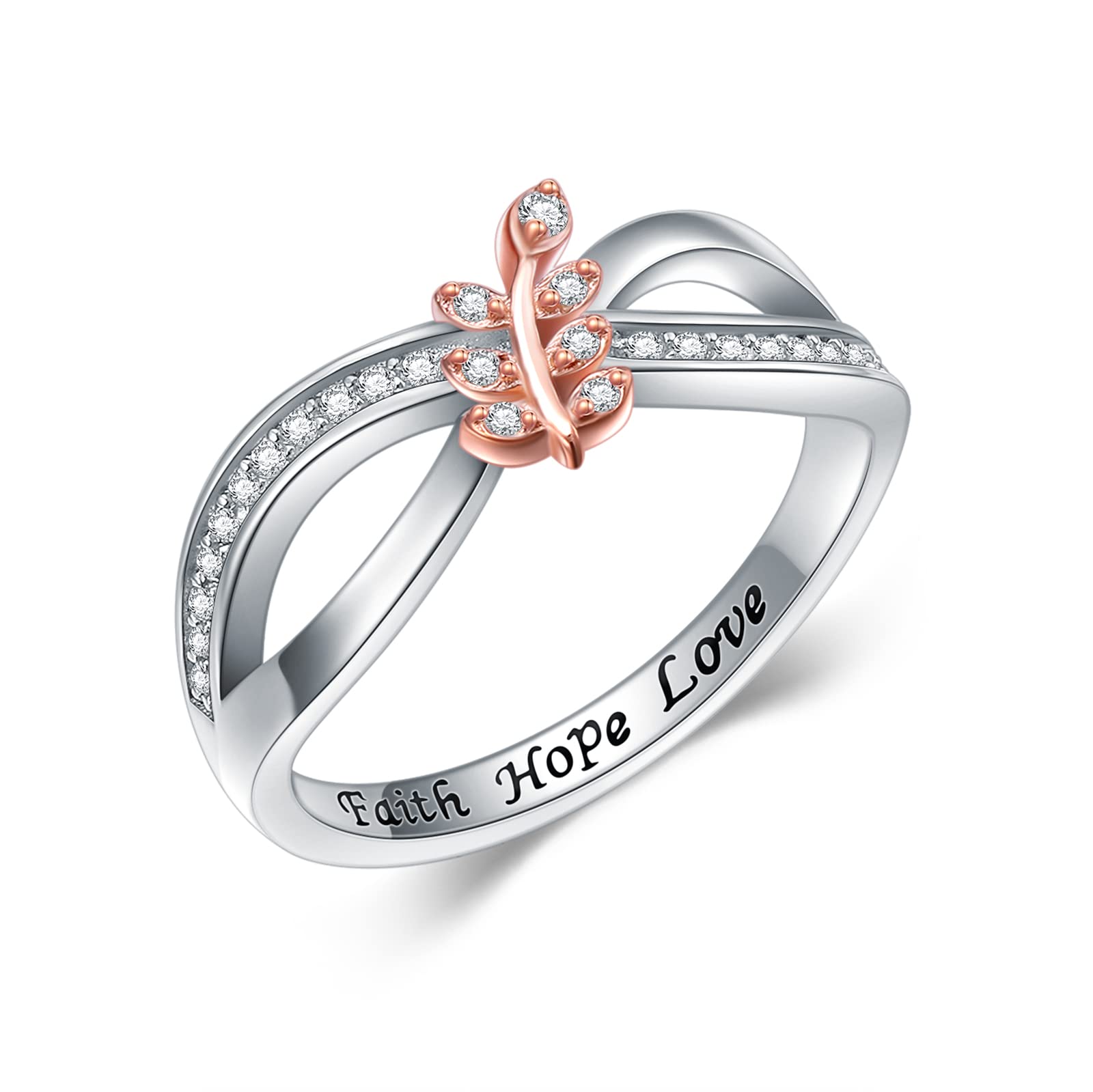 925 Sterling Silver Engraved Faith Hope Love Criss Cross Olive Leaf Ring for Women Lady Size 8