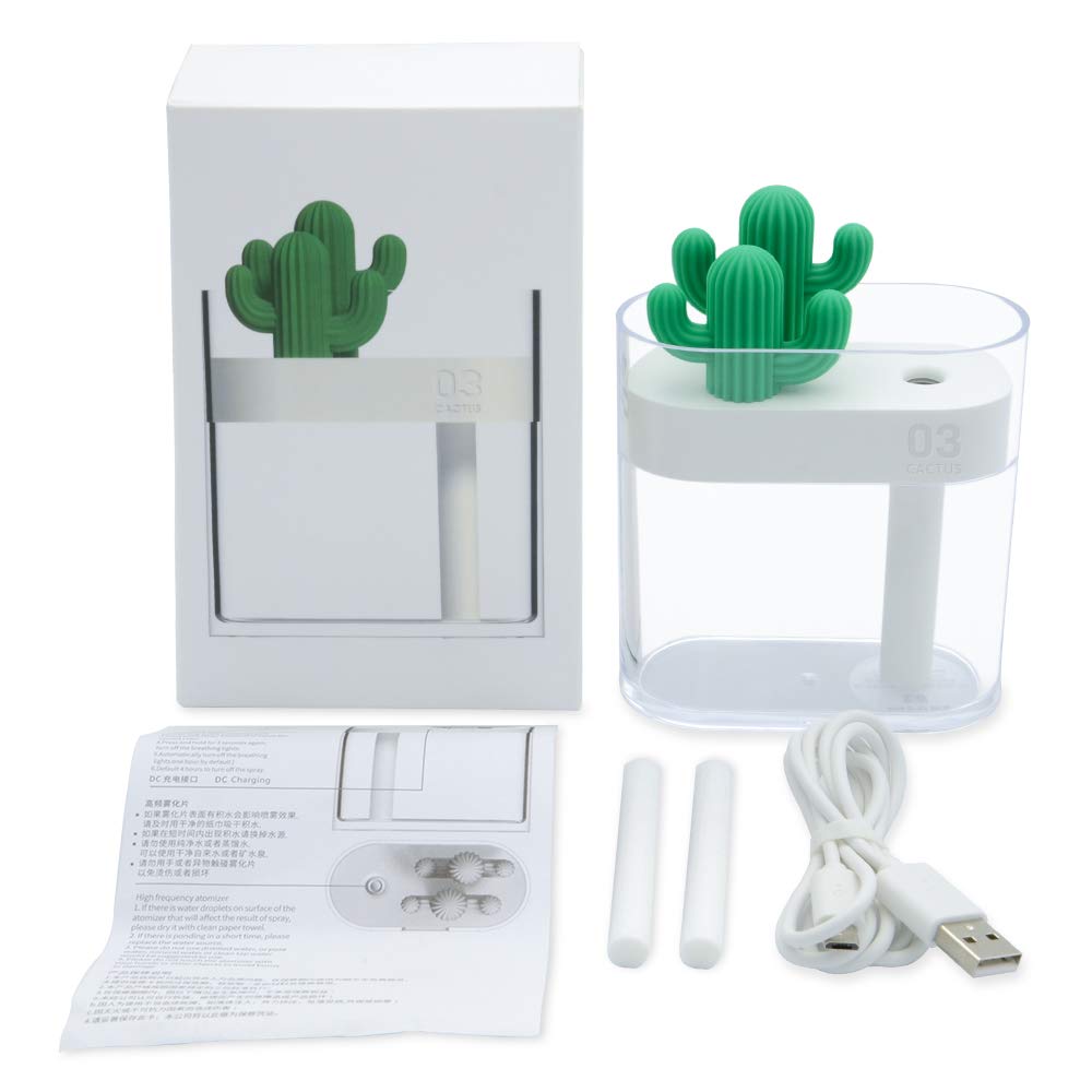 Alicacho USB Mini Cool Mist Humidifier with Night Light, Cactus Humidifier 160ml Water Tank for Single Room Office Car with Timed auto Shutdown (Transparent Cactus)