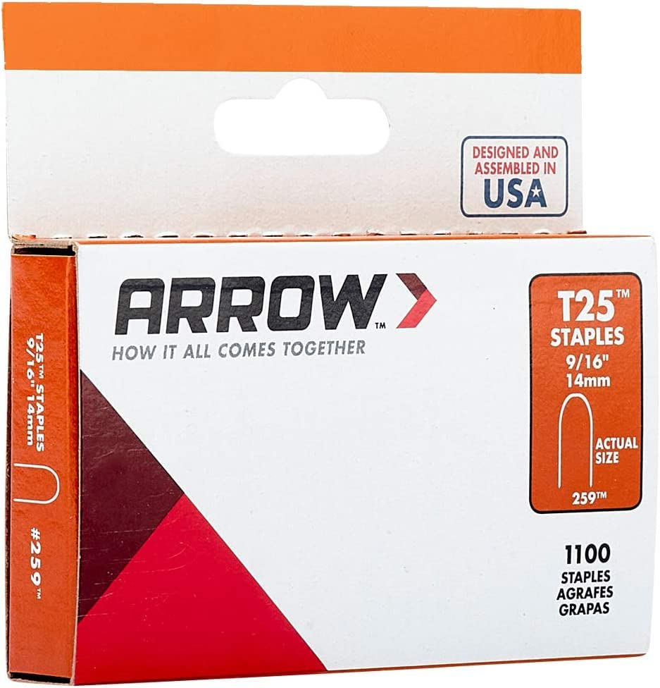 Arrow 259 T25 Heavy Duty Steel Staples for Installing Low Voltage Wires and Cables, Use with Holiday Lights, Doorbells, Alarm Systems, 1100-Pack, 9/16-Inch Leg Length, 5/16-Inch Crown Width