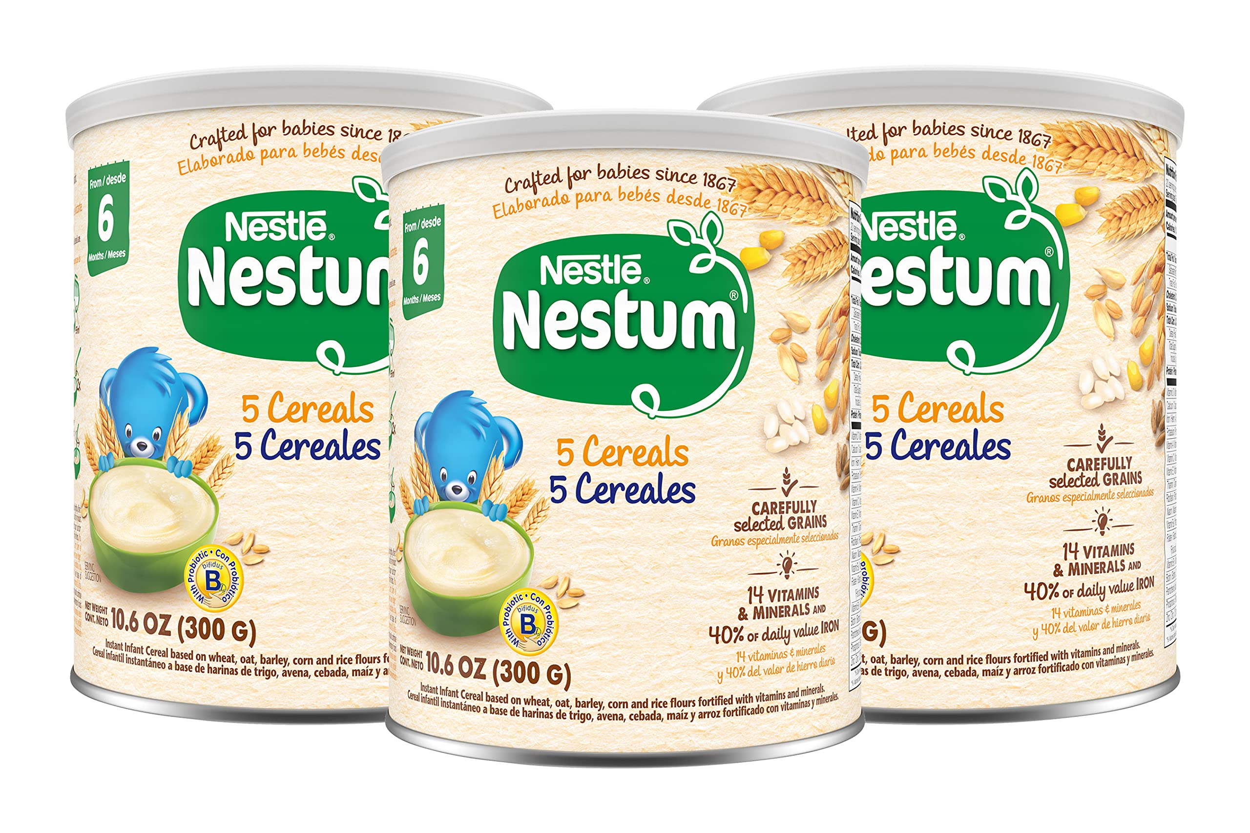 Nestle Nestum Infant Cereal, 5 Cereals, Made for Infants 6 Months Old, 10.6 Ounce Canister (Pack of 3)