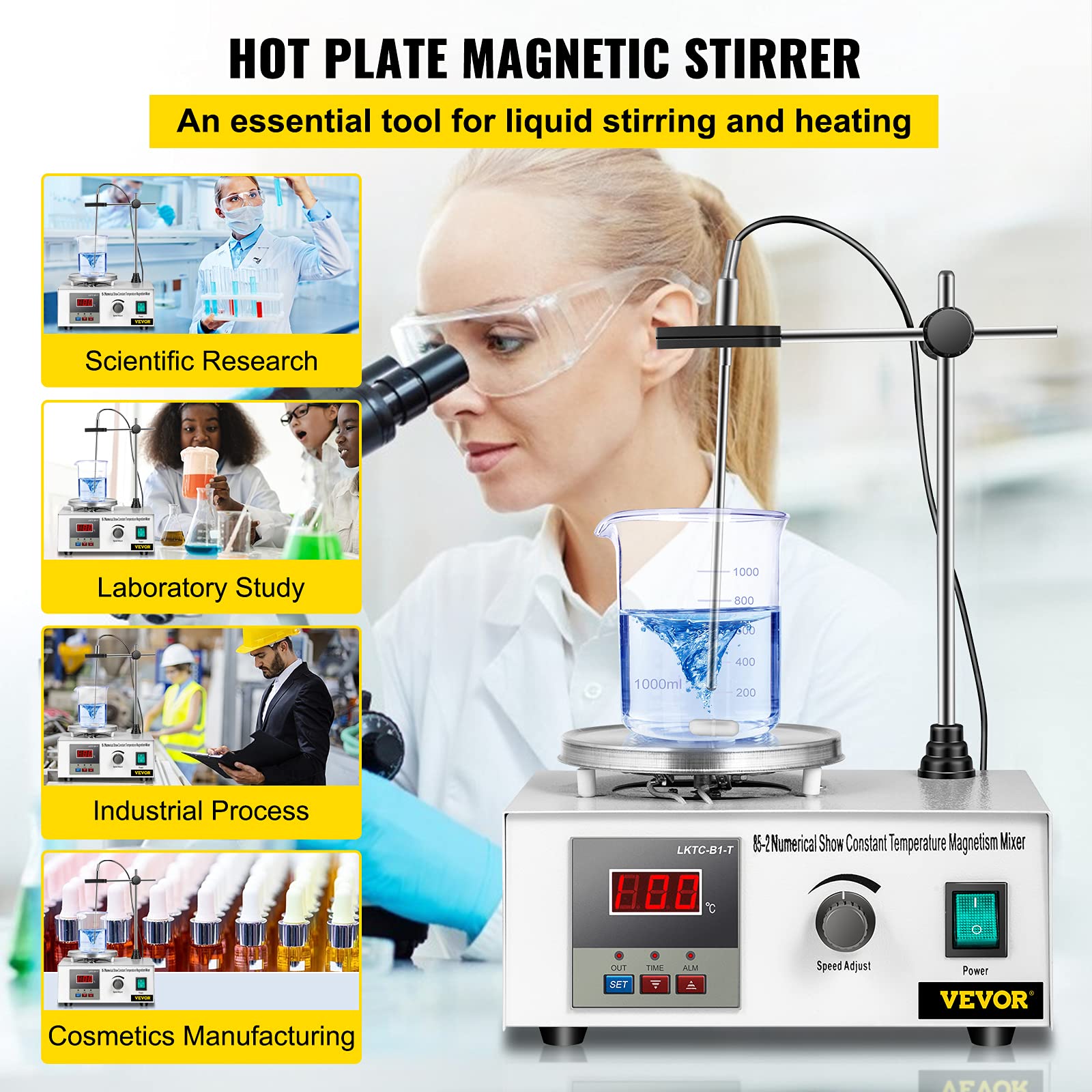 Vevor Magnetic Stirrer,200W, 2000RPM,with Digital Temperature Display & Speed Adjusting, Magnetic Mixer with Hotplate 110V Magnetic Stirring Mixer 85-2,1000ML: Industrial & Scientific
