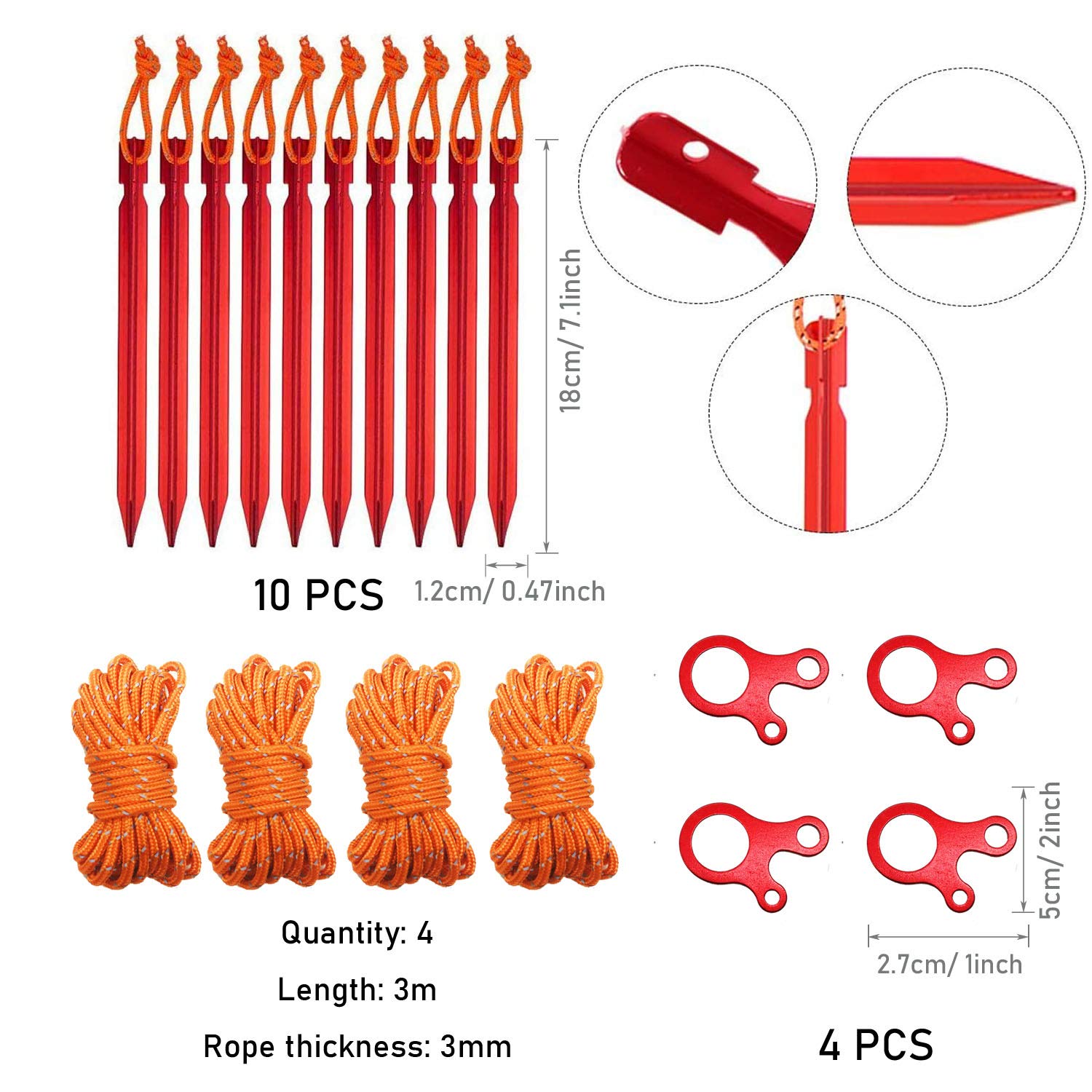 Allazone 20 PCS Aluminum Lightweight Tent Stakes Set, Camping Tent Stakes Accessories Kit, 10 PCS Tent Stakes, Plastic Hammer, Nail Puller and Rope with Guylines Adjuster for Easy Camping