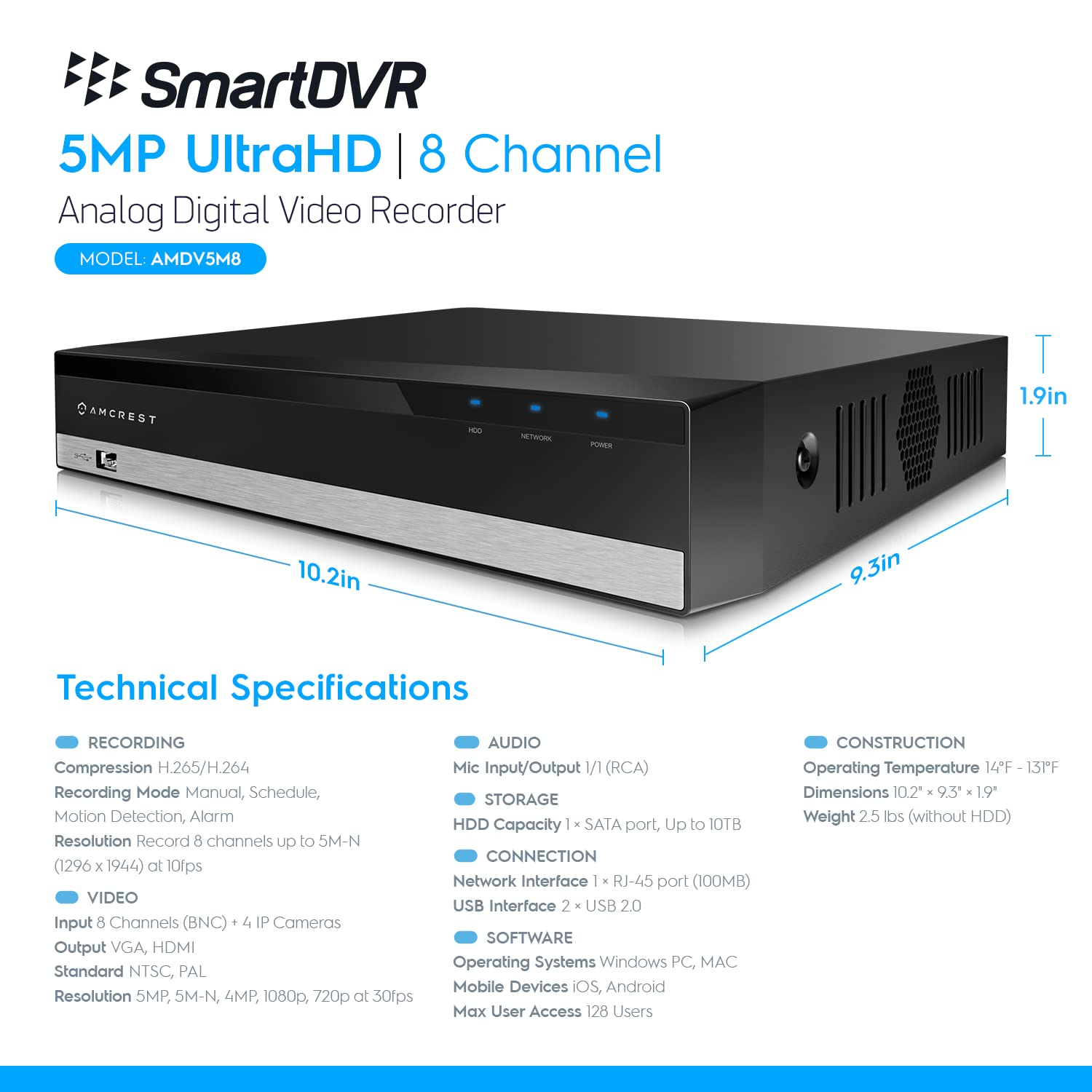 Amcrest 5MP UltraHD 8 Channel DVR Security Camera System Recorder, 5MP Security DVR for Analog Security Cameras, Remote Smartphone Access, HDD & Cameras NOT Included (AMDV5M8)