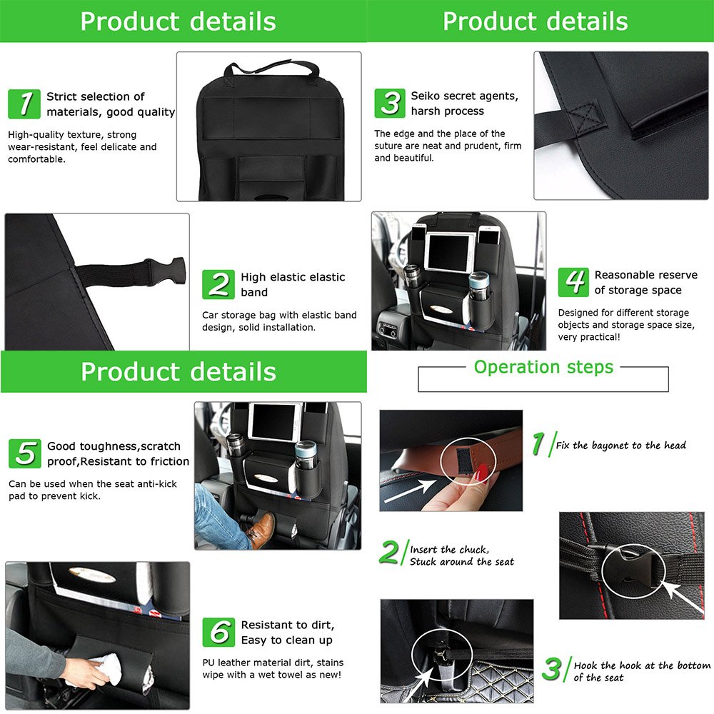 OTCPP 2 Pack PU Leather Car Seat Back Organizer for Travel (Black)