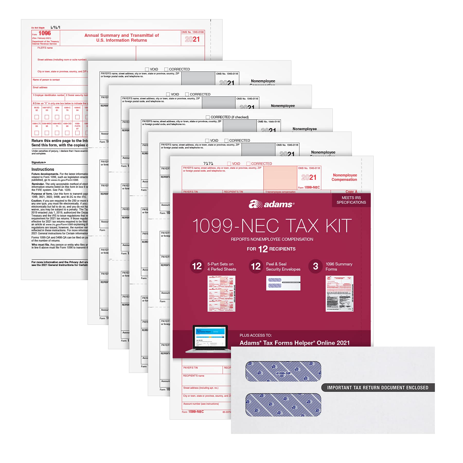 Adams 1099 NEC Forms 2021, Tax Kit for 12 Recipients, 5 Part Laser 1099 Forms, 3 1096, Self Seal Envelopes & Tax Forms Helper Online (TXA12521-NEC)