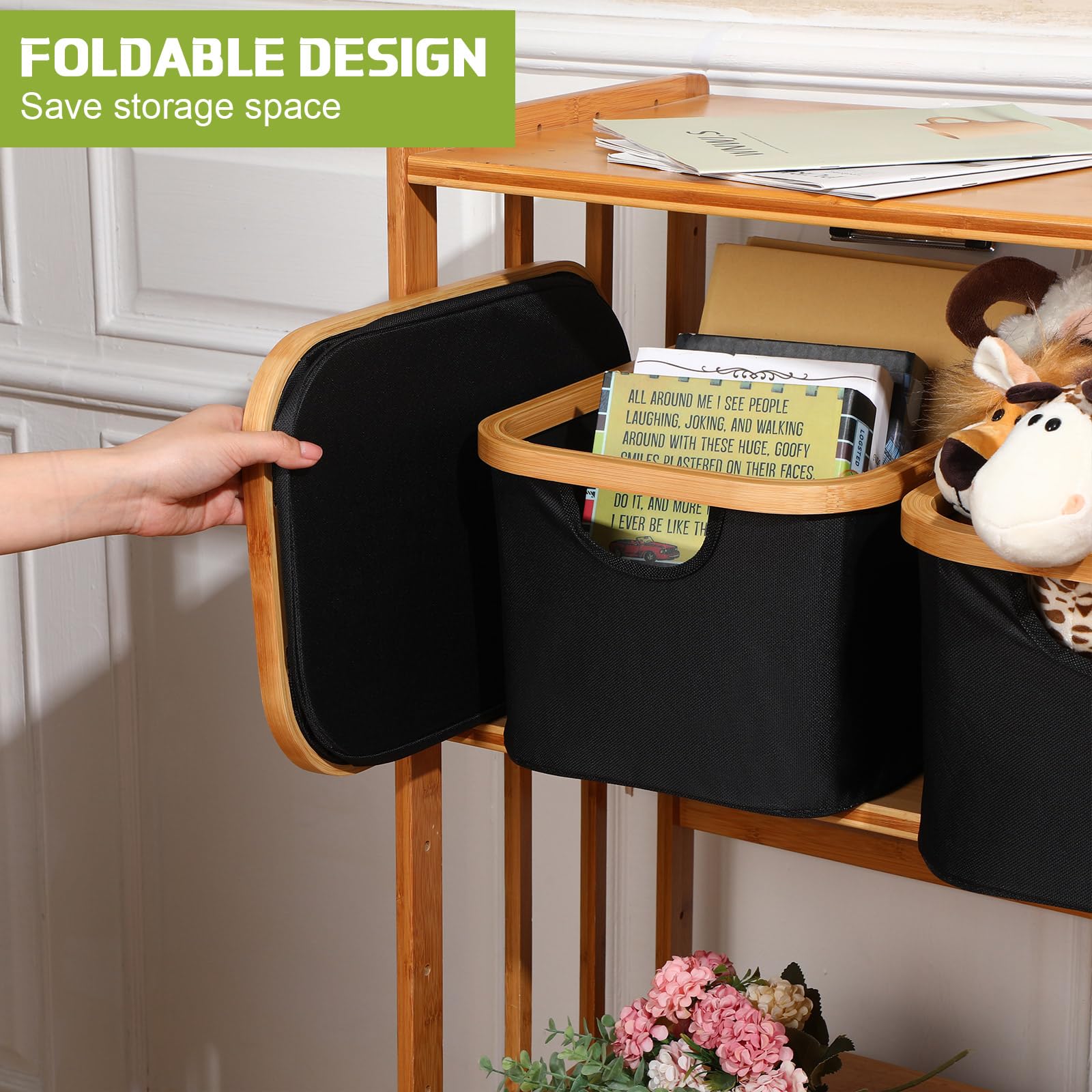 Hushee 4 Pack Black Collapsible Storage Baskets Bins Foldable Fabric Storage Bins with Bamboo Handle for Organizing Shelves Closet Bedroom Blankets Toys Storage Organizer Containers, 15"x10.3"x7.9"