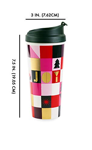 Kate Spade New York 16 Ounce Insulated Travel Mug, Holiday Themed Double Wall Thermal Tumbler for Coffee/Tea, Joy