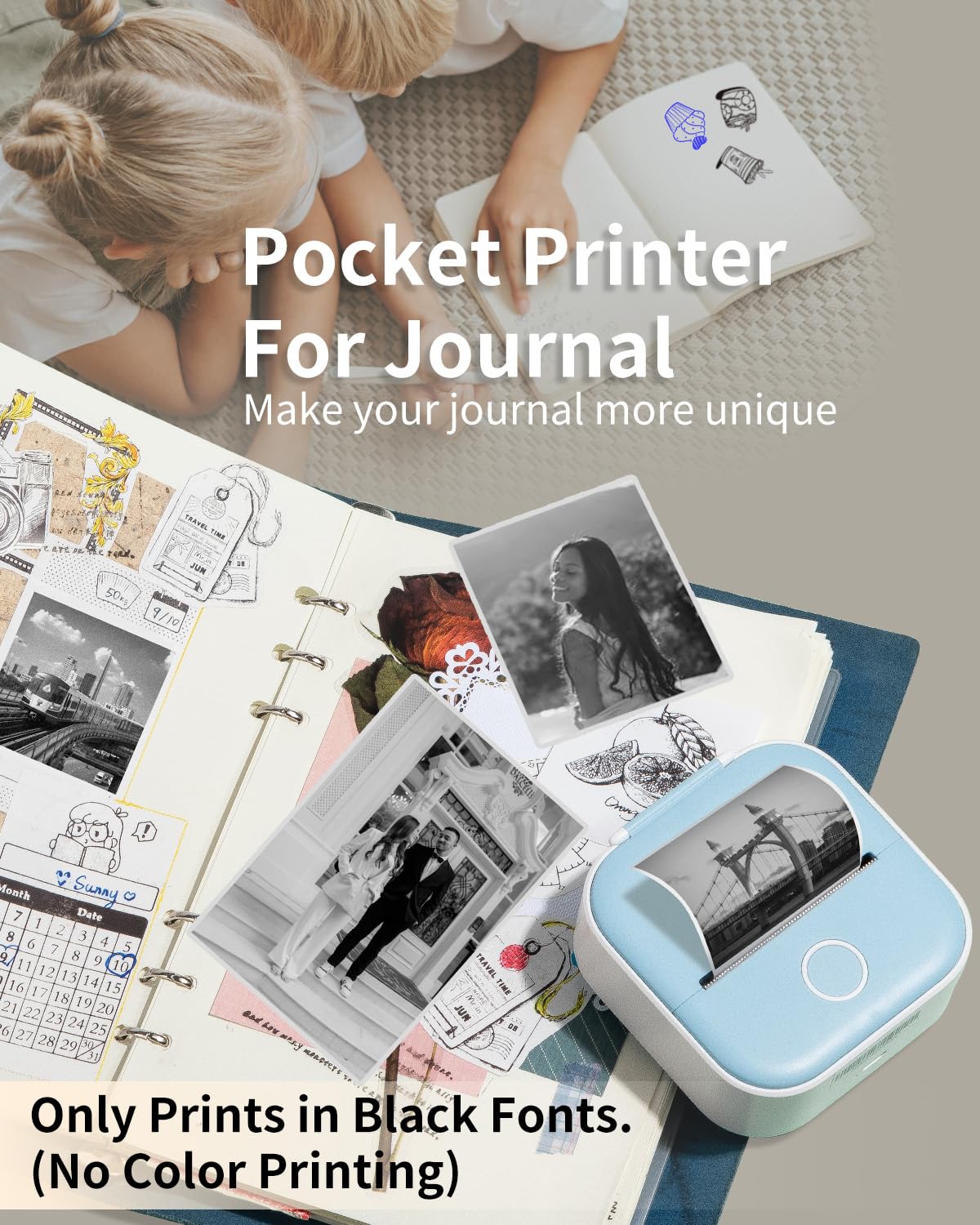 Ponek Mini Pocket Sticker Printer-Bluetooth Pocket Thermal Printer-Portable Smart Photo Printer for iPhone, White Self-Adhesive Paper Compatible with T02/M02X/M02XS for Journal, Photo, Memo