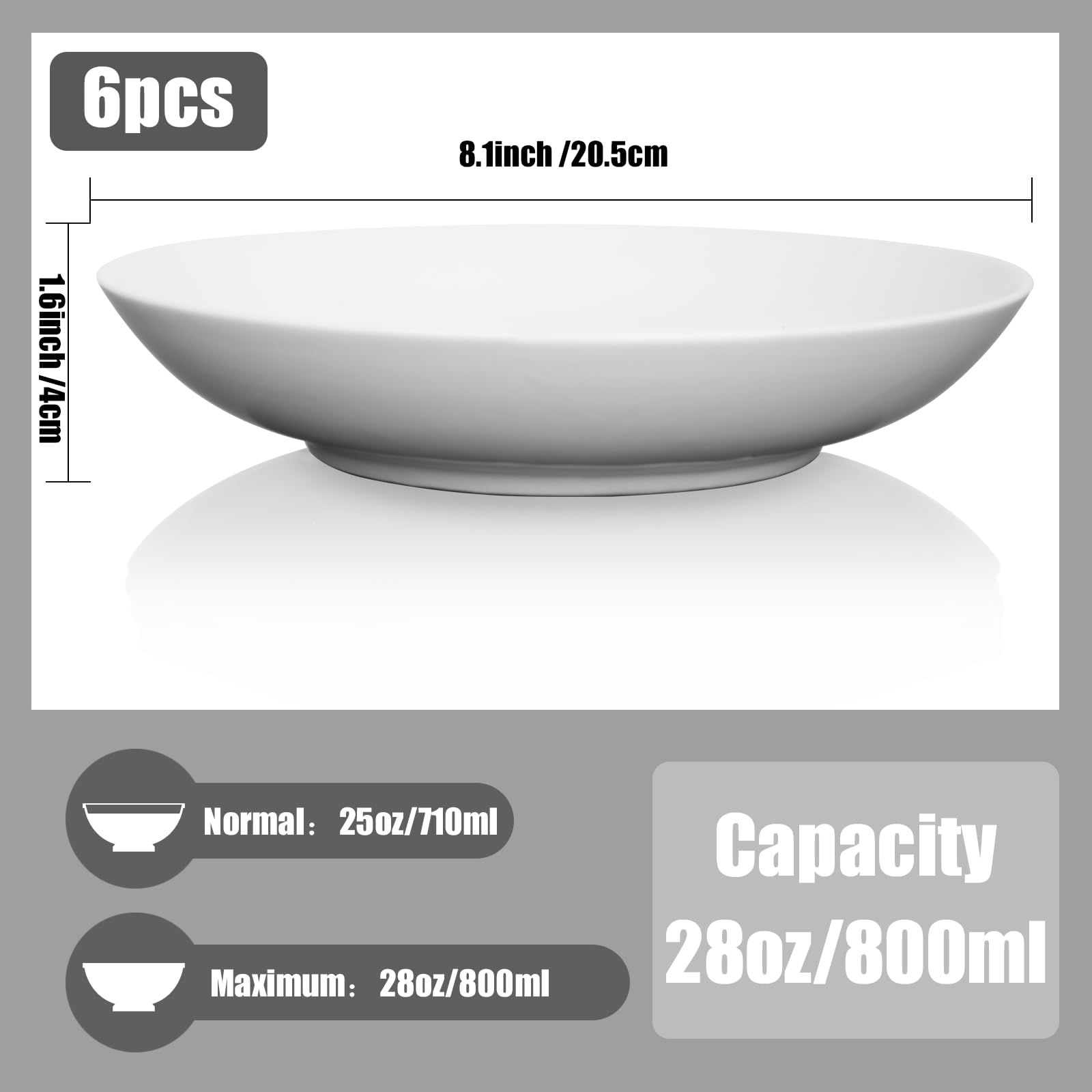 ALLUSEIT Pasta Bowls, 6pcs/28oz Bone Porcelain Bowls Set for Soup and Salad, White Ceramic Serving Bowls and Plate for Kitchen, Wide & Shallow, Microwave & Dishwasher Safe, Φ8inch