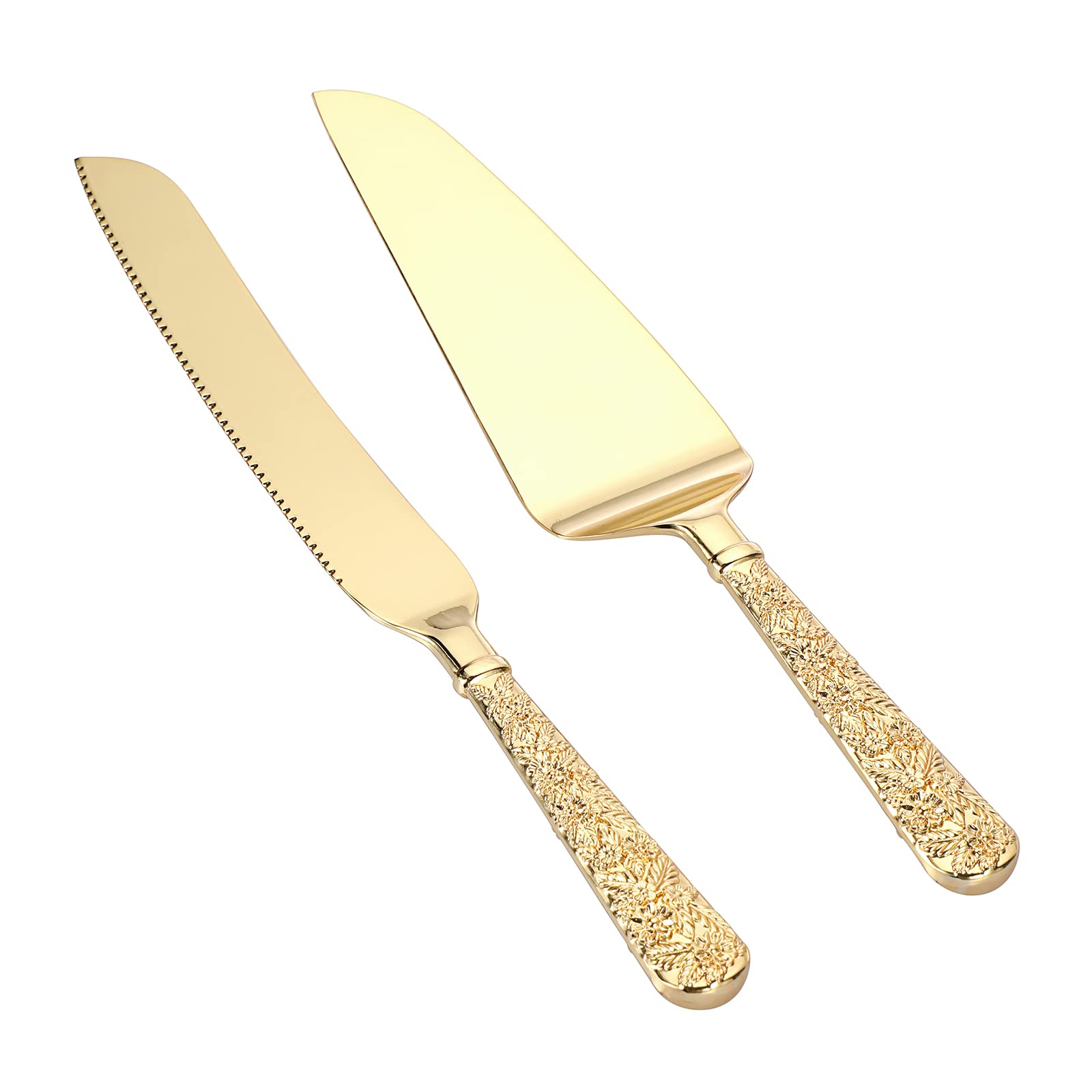 BSTKEY Pack of 2 Gold Cake Pie Pastry Servers, Cake Knife and Server Set, Vintage Engraved Cake Cutter Serving Spatula Set for Wedding Birthday Parties Christmas Thanksgiving and Events