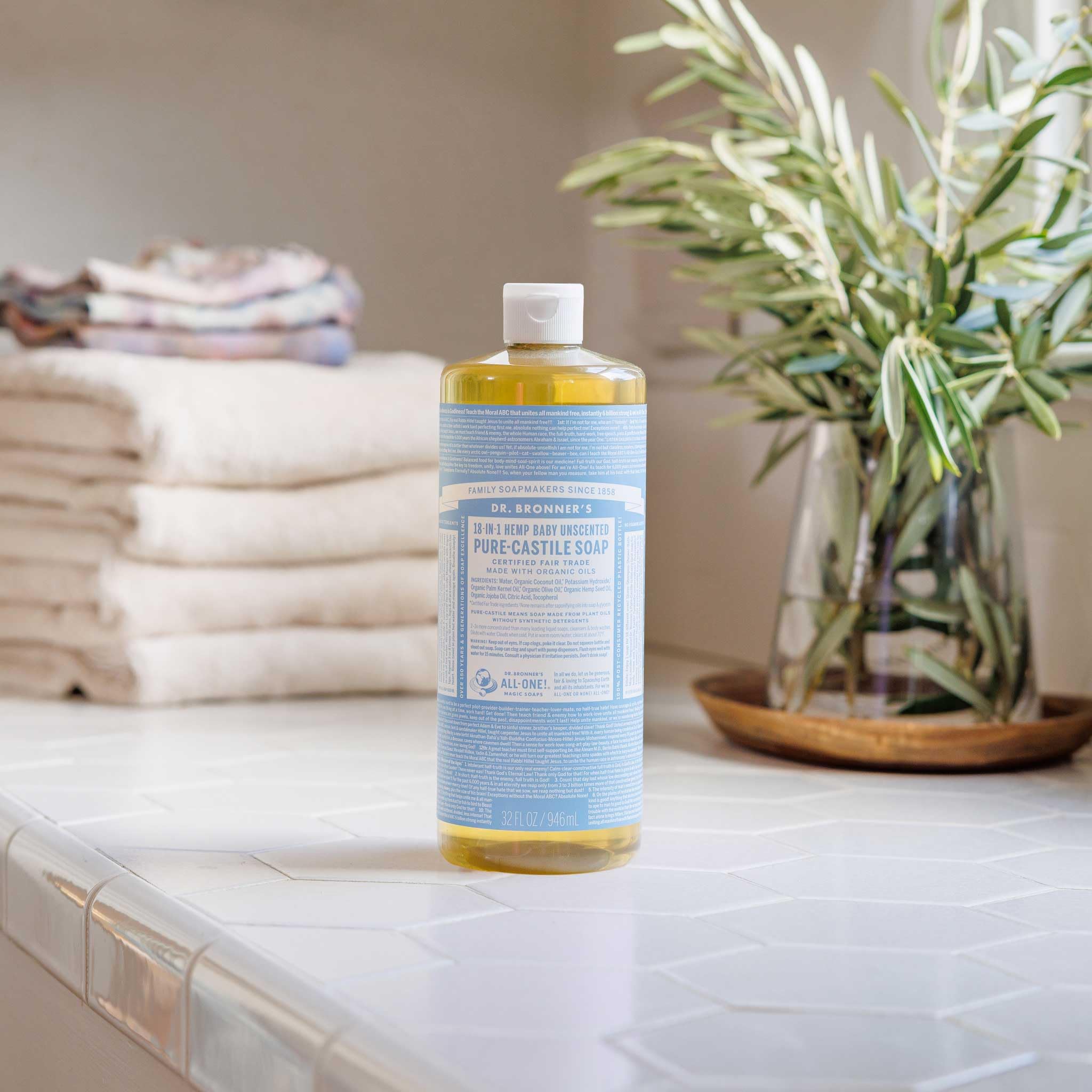 Dr. Bronner's Pure Castile Liquid Soap - Made with Regenerative Organic Certified Oils - 18-in-1 Uses for Face, Body, Hand Gentle on Baby & Sensitive Skin Body Wash Unscented,32oz