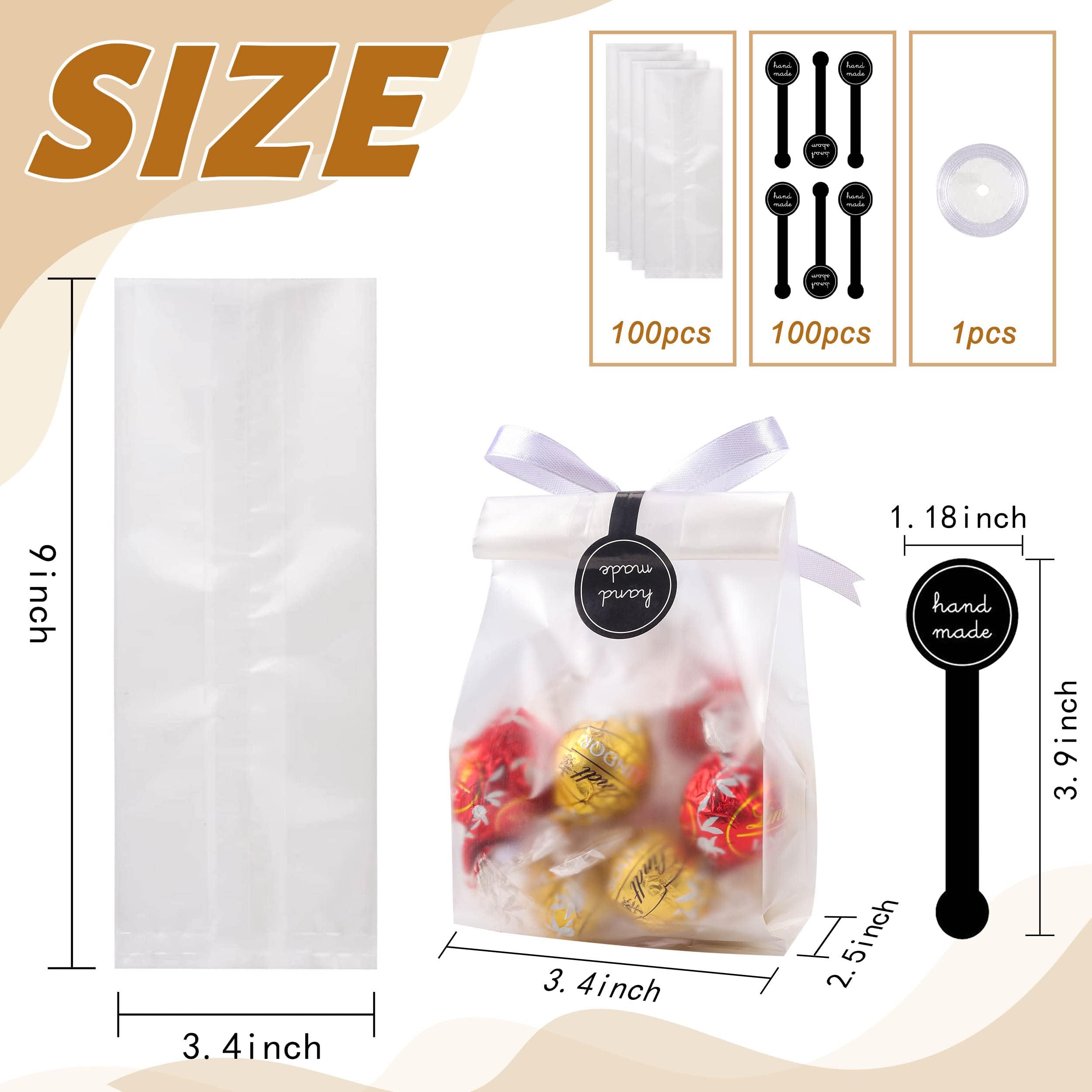 YunKo Cookie Bags for Gift Giving Cellophane Clear Treat Bags for Favors Mini Loaf, Bundt Cake, Hot Cocoa Bomb Packaging With Stickers(100PACK, Translucent)