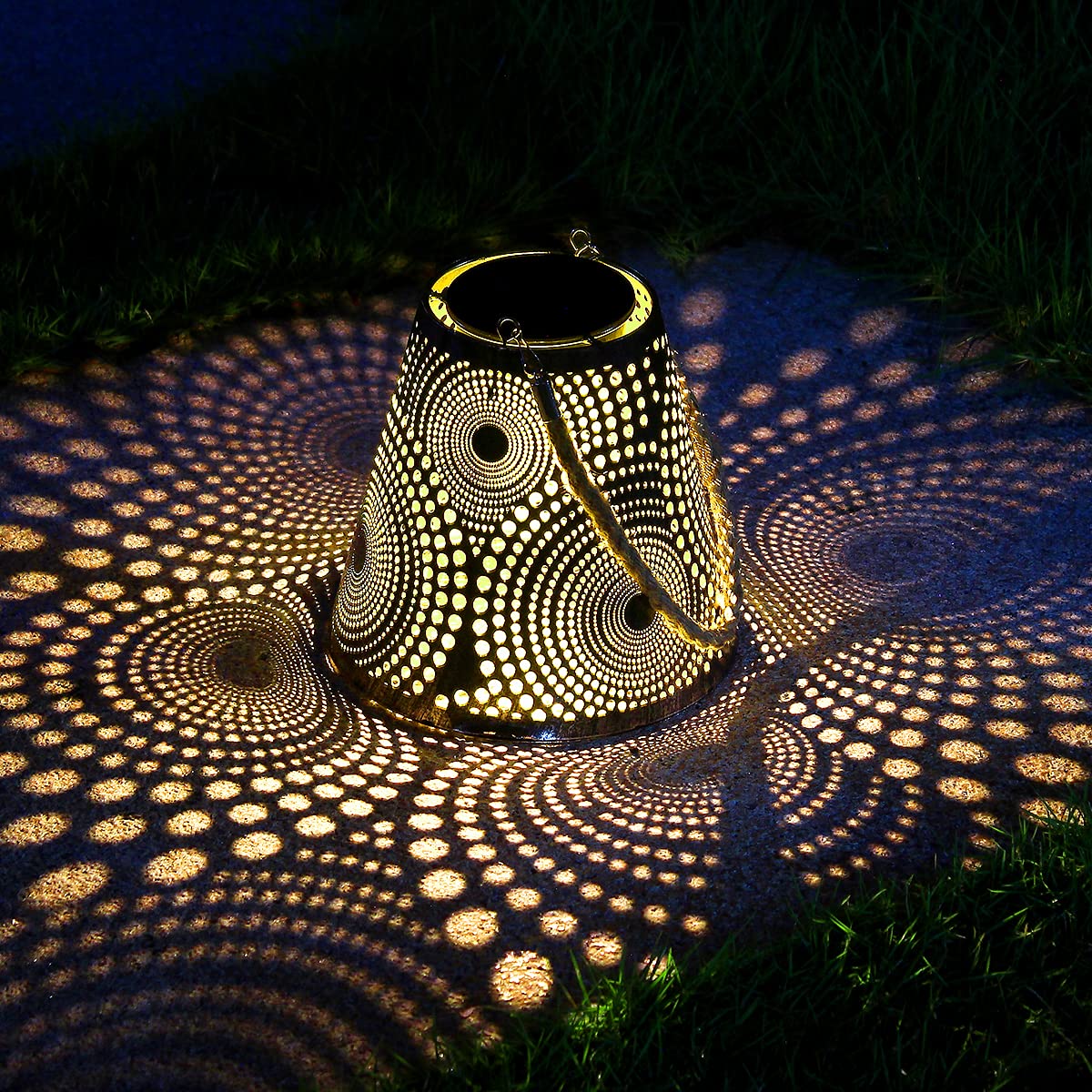 Large Outdoor Hanging Solar Lantern, Waterproof Garden Patio LED Solar Light, Dot Hollowed-Out Design Retro Landscape Metal Decorative Lanterns for Tree, Table, Floor, Yard Decor (1 Pack, Bronze)